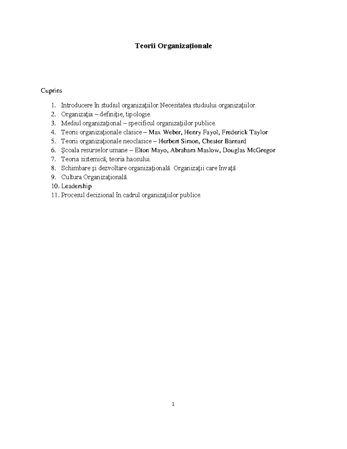 Teorii organizationale - Teorii Organizaţionale Cuprins Introducere în ...