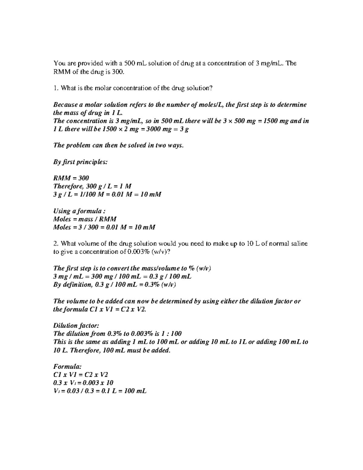 Pharmaceutical Calculations And Worked Examples PHAY0001 UCL Studocu