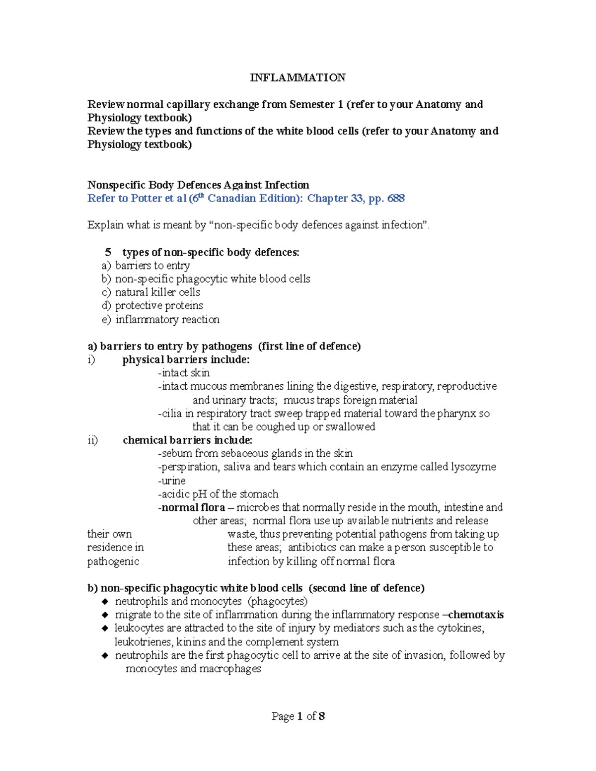 PATH 122 Notes Inflammation 1 - INFLAMMATION Review normal capillary ...