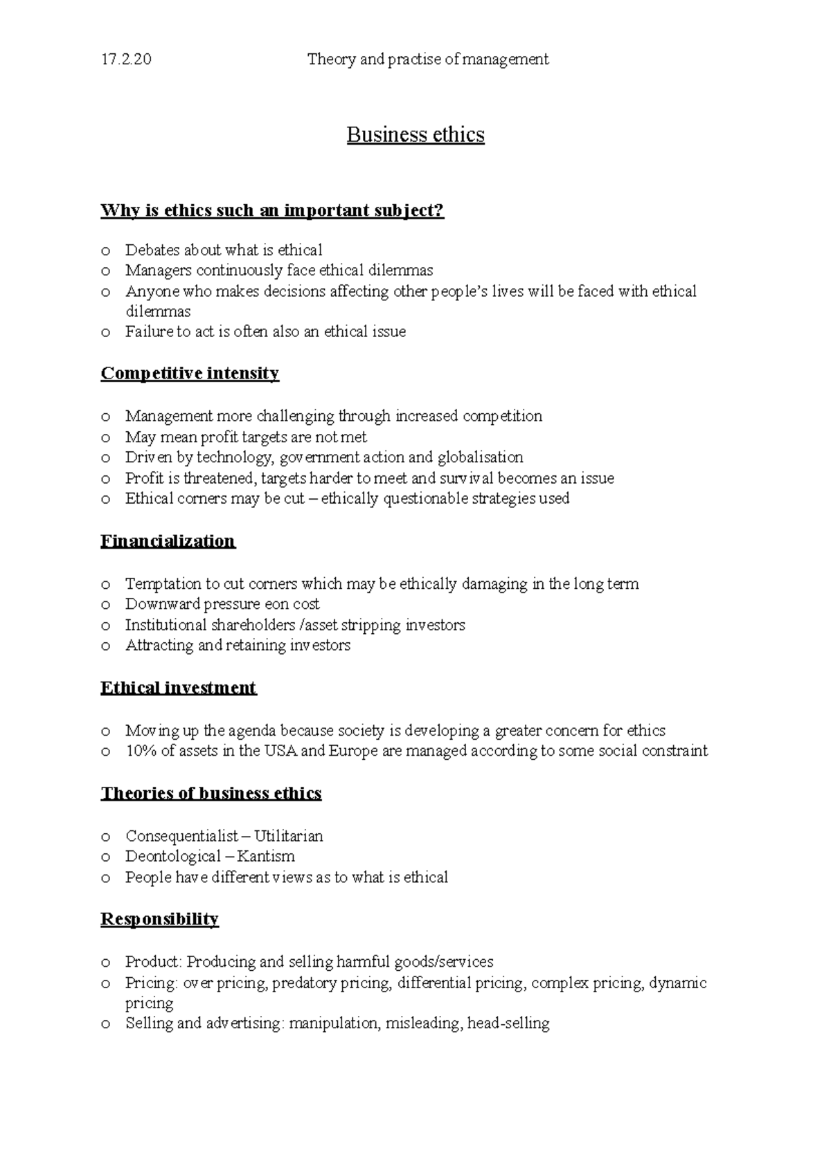 Business ethics - 17.2 Theory and practise of management Business ...