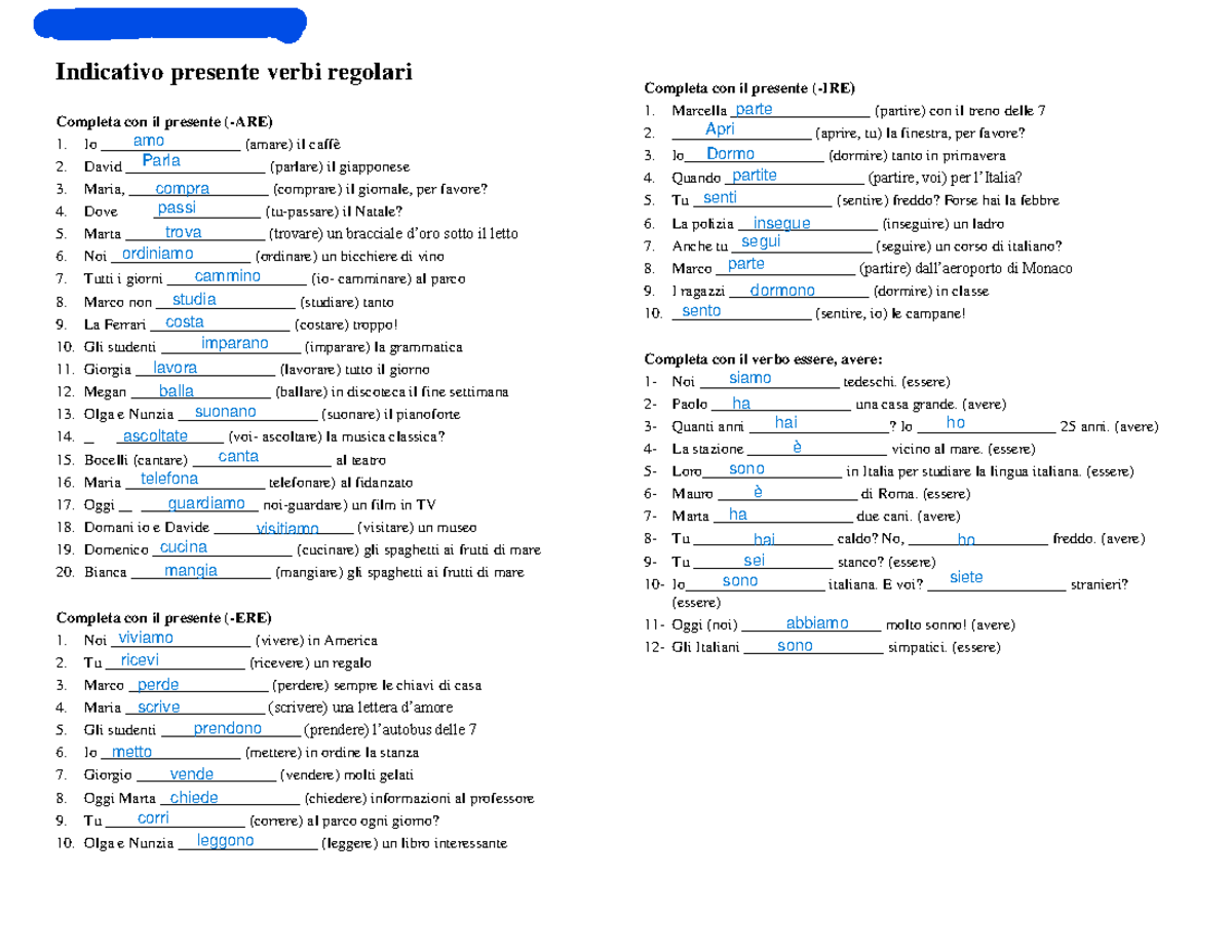 Esercizi indicativo presente - Indicativo presente verbi regolari ...