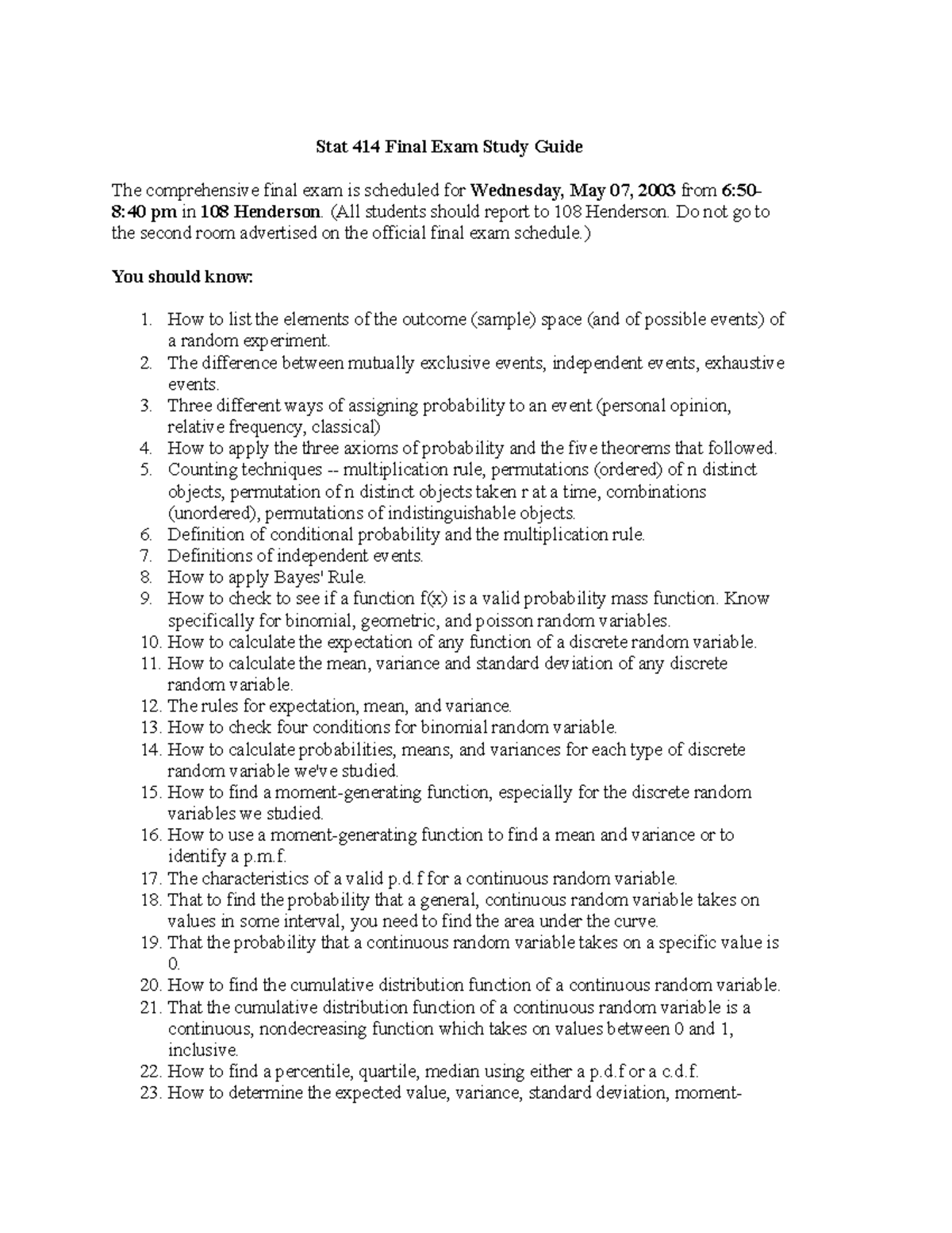Stat 414 Final Exam Study Guide - Stat 414 Final Exam Study Guide The ...