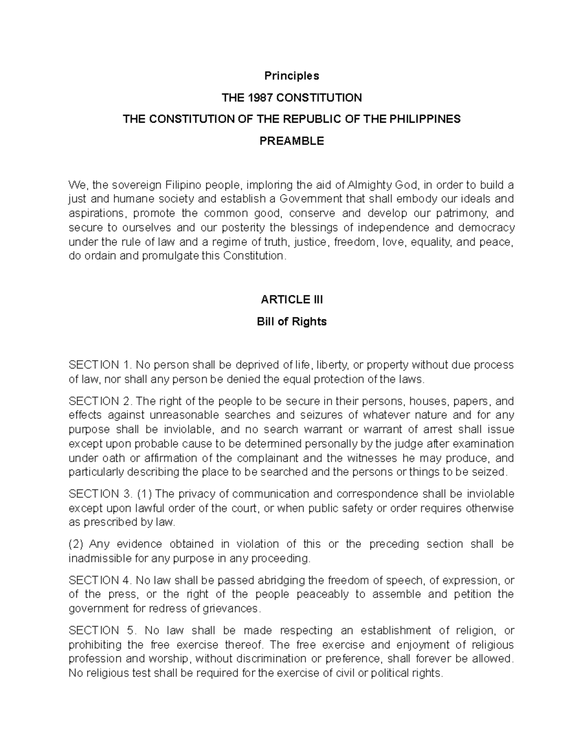1987 Philippine Constitution - Principles THE 1987 CONSTITUTION THE ...