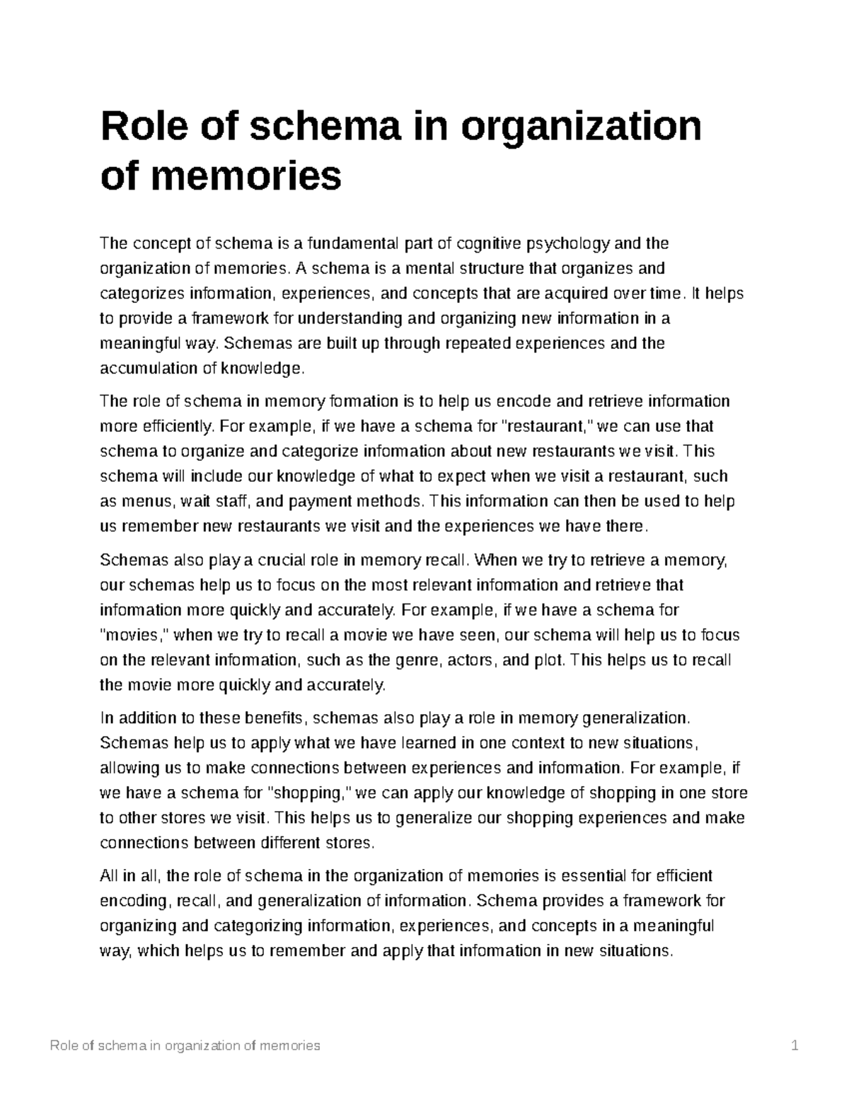 Role of schema in organization of memories - A schema is a mental ...