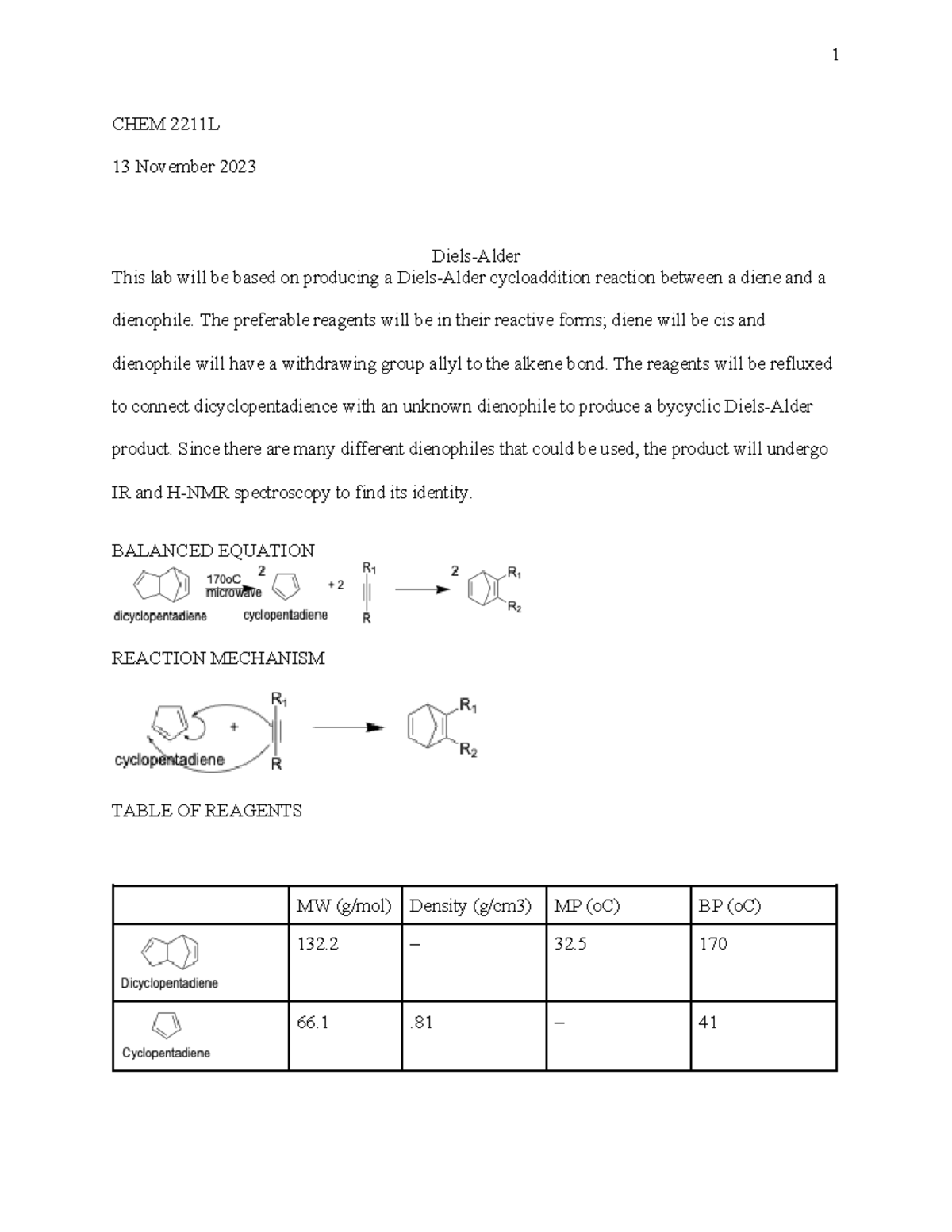 Lab 10 - diels alder lab - CHEM 2211L 13 November 2023 Diels-Alder This ...