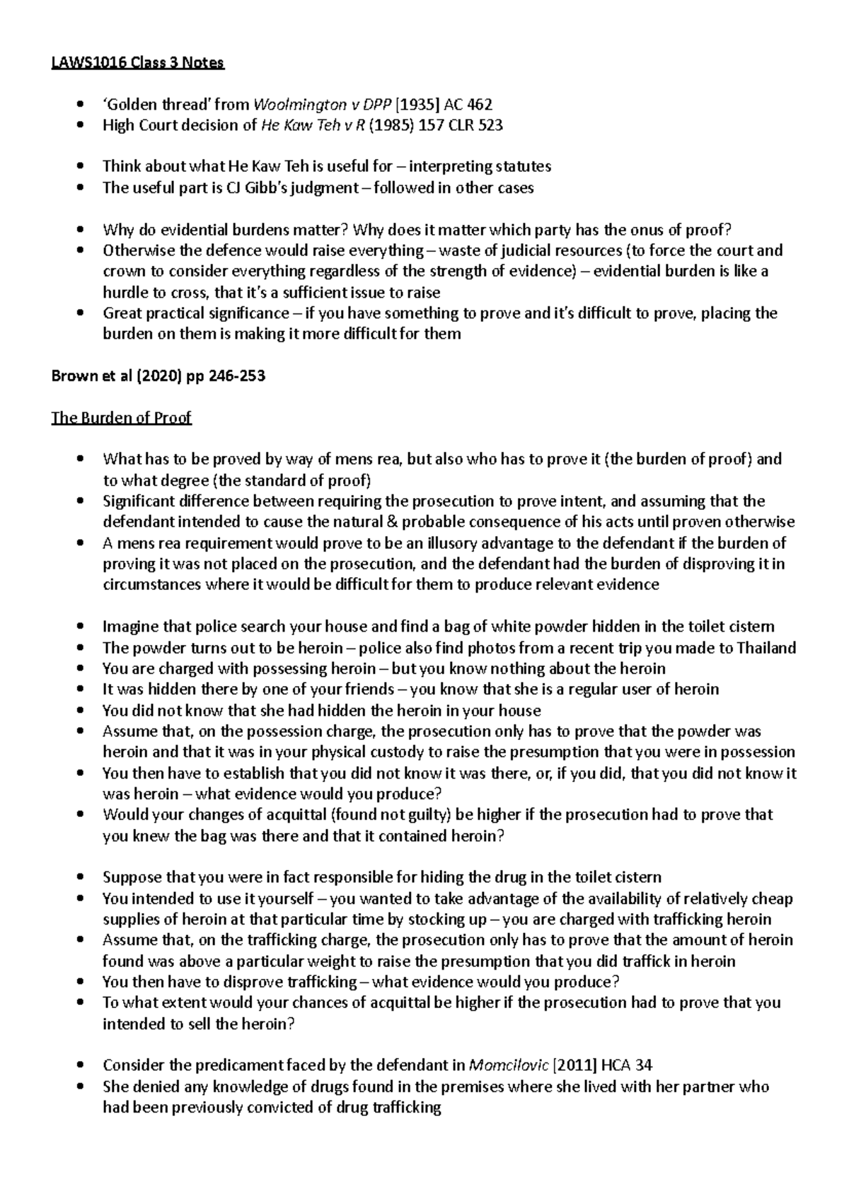 Week 2 Class 1 Notes - LAWS1016 Class 3 Notes ‘Golden thread’ from ...