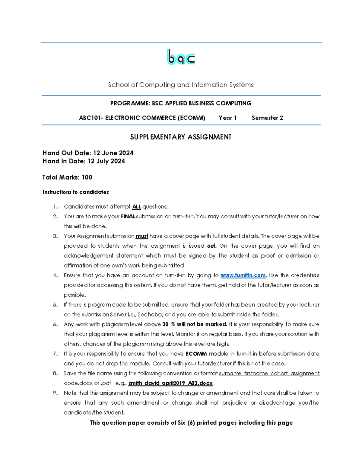 Ecom Supp Assignment QP 2024 - School of Computing and Information Systems PROGRAMME: BSC ...