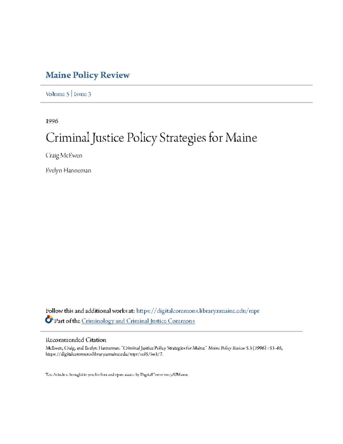 Criminal Justice Policy Strategies for M - Maine Policy Review Volume 5 ...
