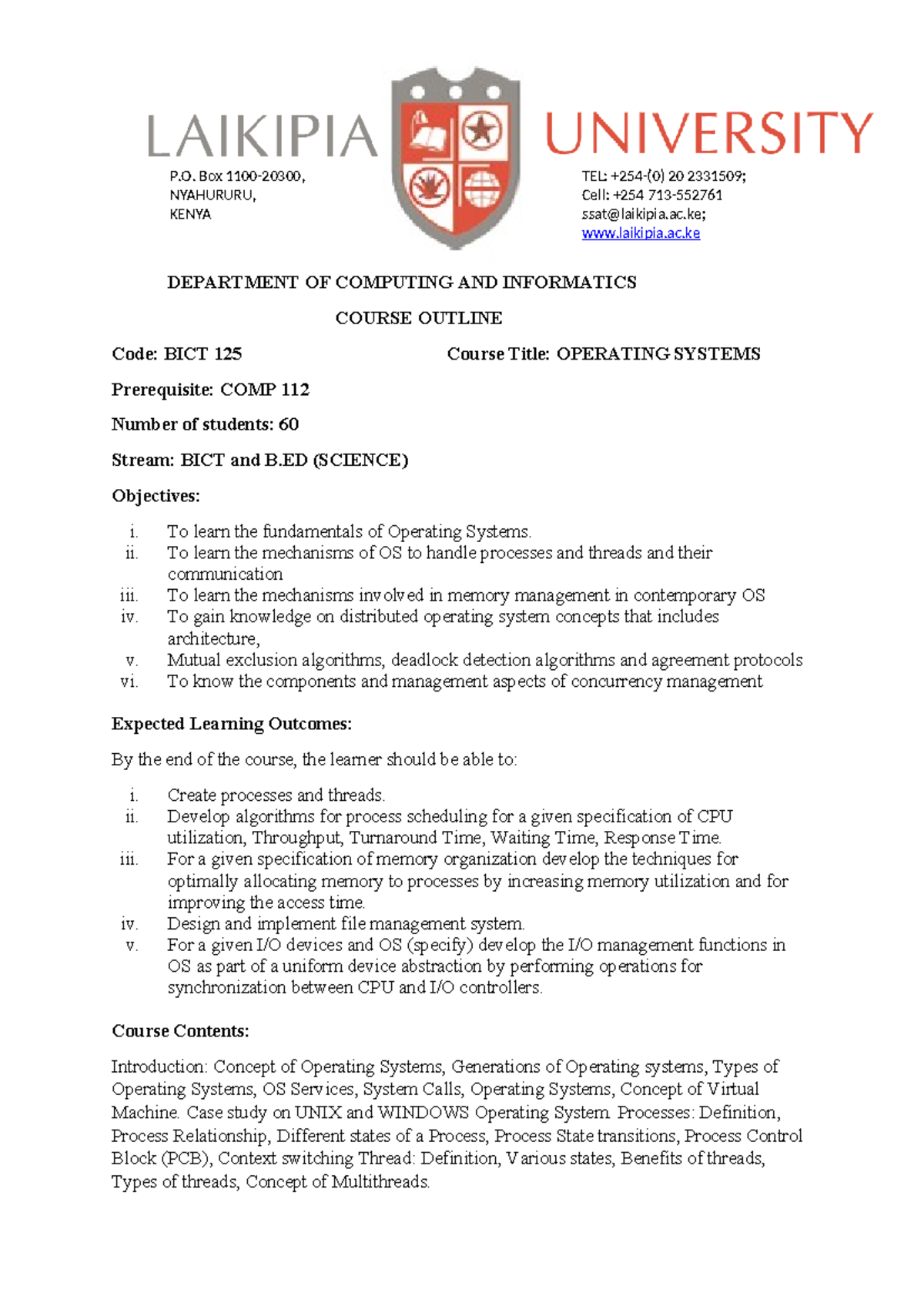 OS Notes - DEPARTMENT OF COMPUTING AND INFORMATICS COURSE OUTLINE Code ...