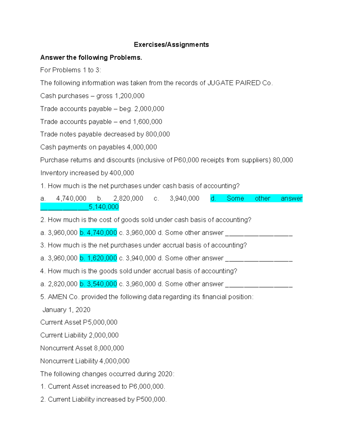 Document - Exercises/Assignments Answer the following Problems. For Problems 1 to 3: The ...