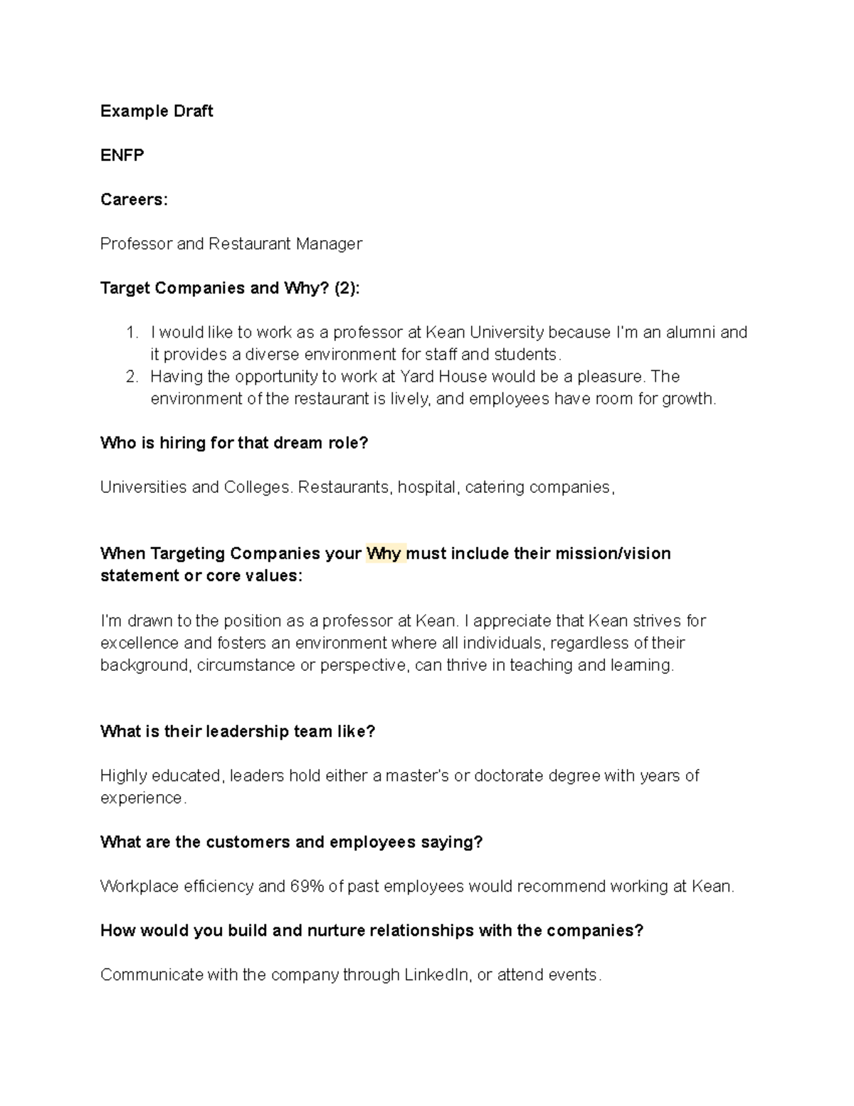 Personality and Targeting Careers - Example Draft ENFP Careers ...