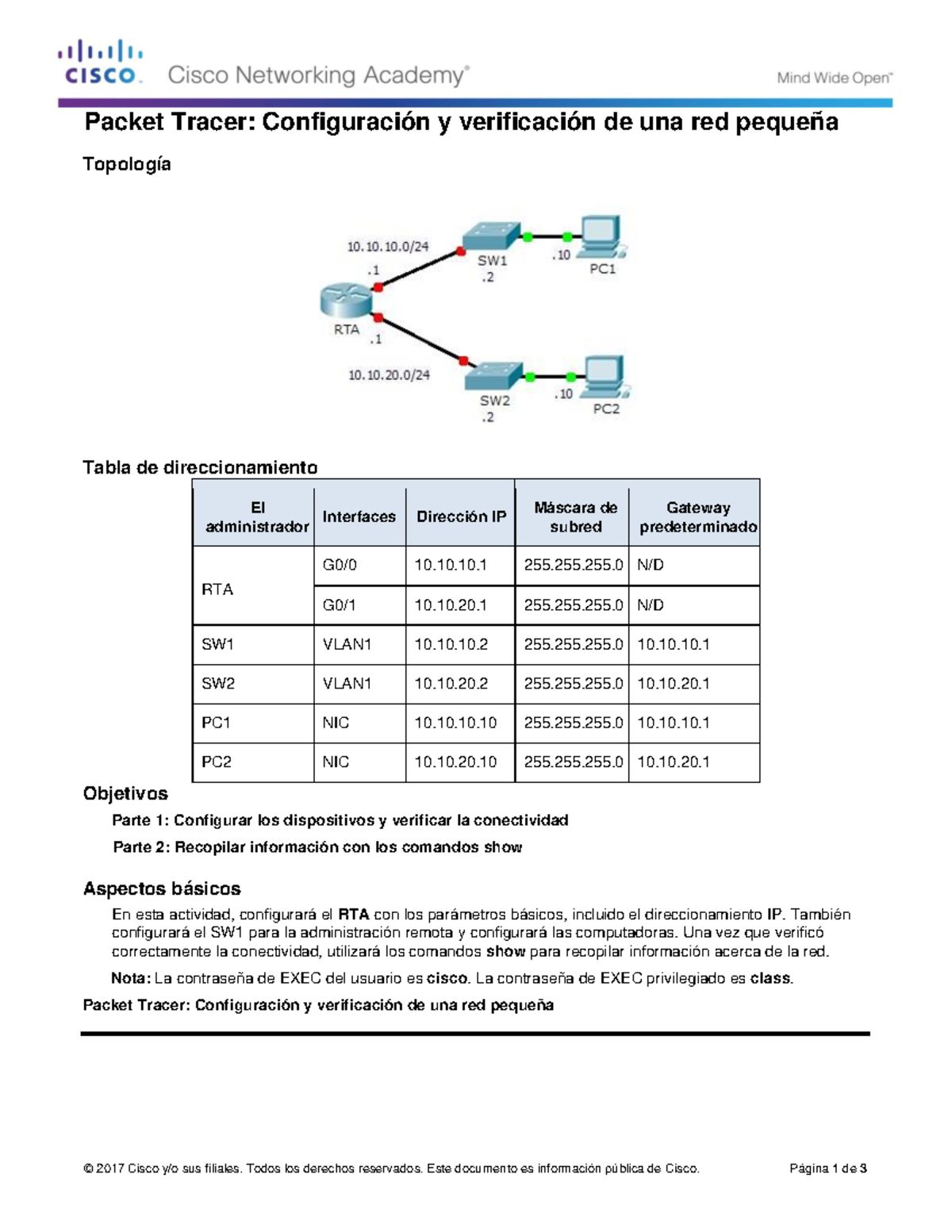 1.1.4.5 Packet Tracer - Configuring and Verifying a Small Network Instructions - © 2017 Cisco y ...