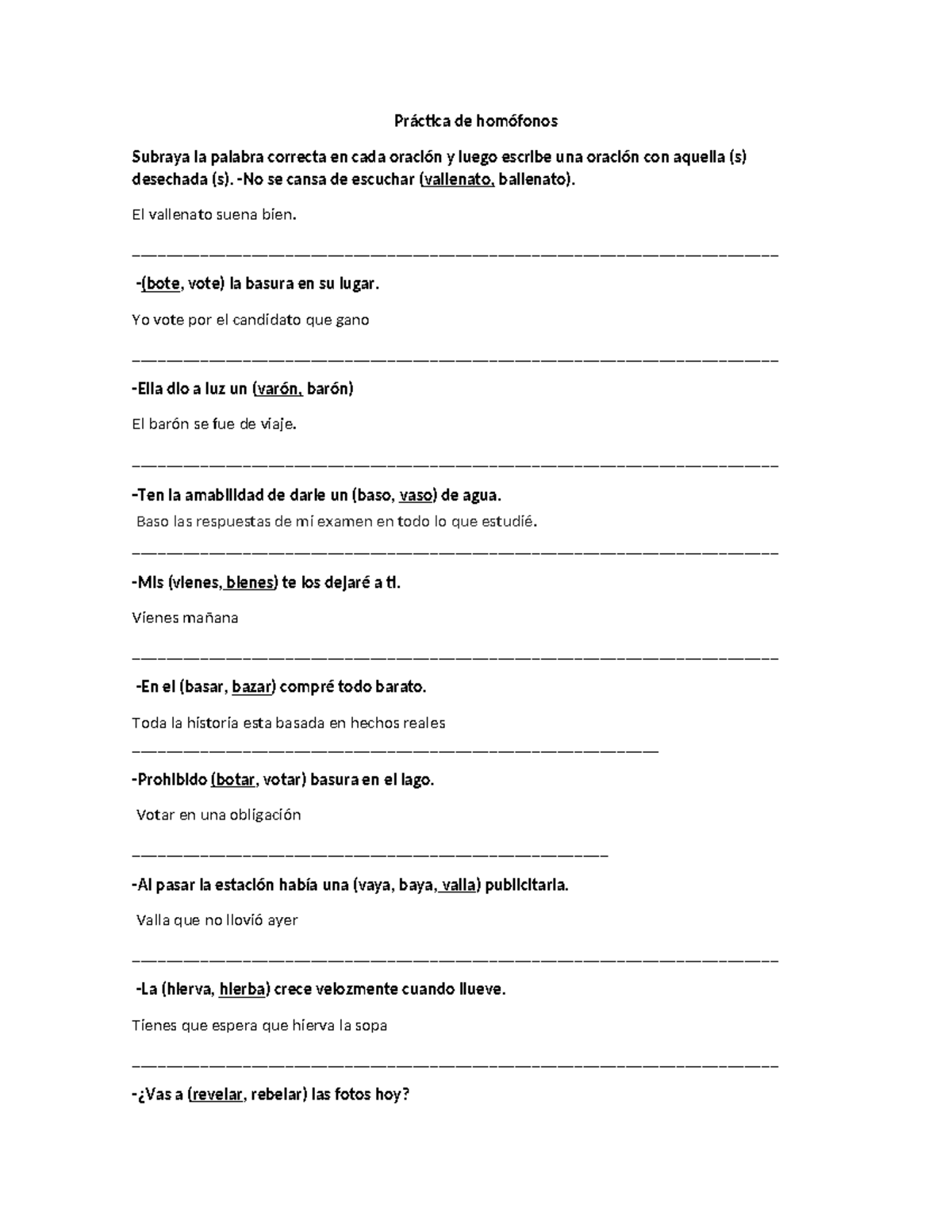 Práctica de homófonos - Práctica de homófonos Subraya la palabra ...