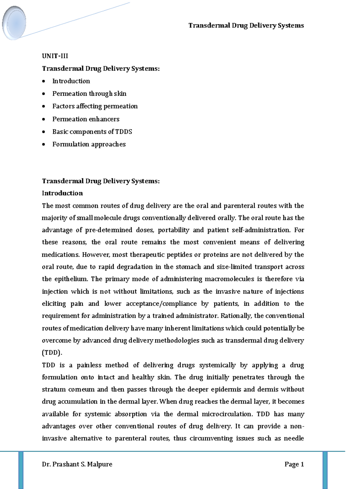 Unit 3 TDDS - UNIT-III Transdermal Drug Delivery Systems: Introduction ...