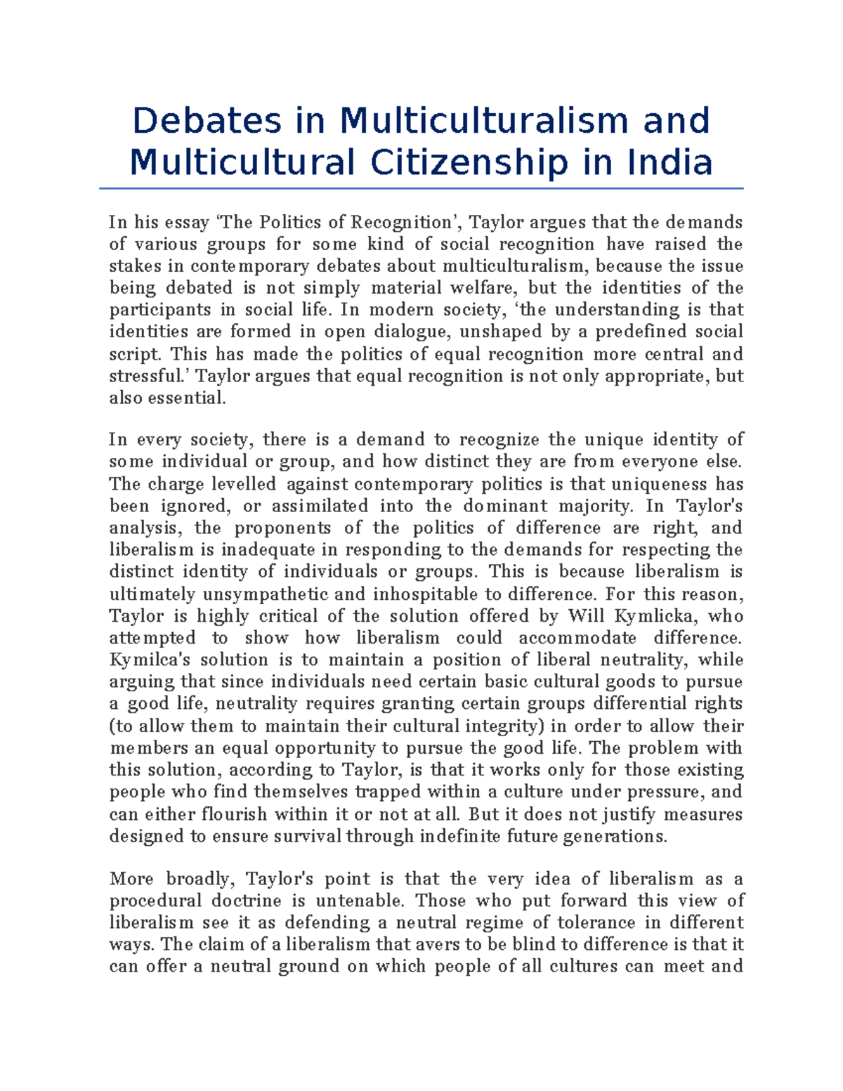 Debates in Multiculturalism and Multicultural Citizenship in India - In ...