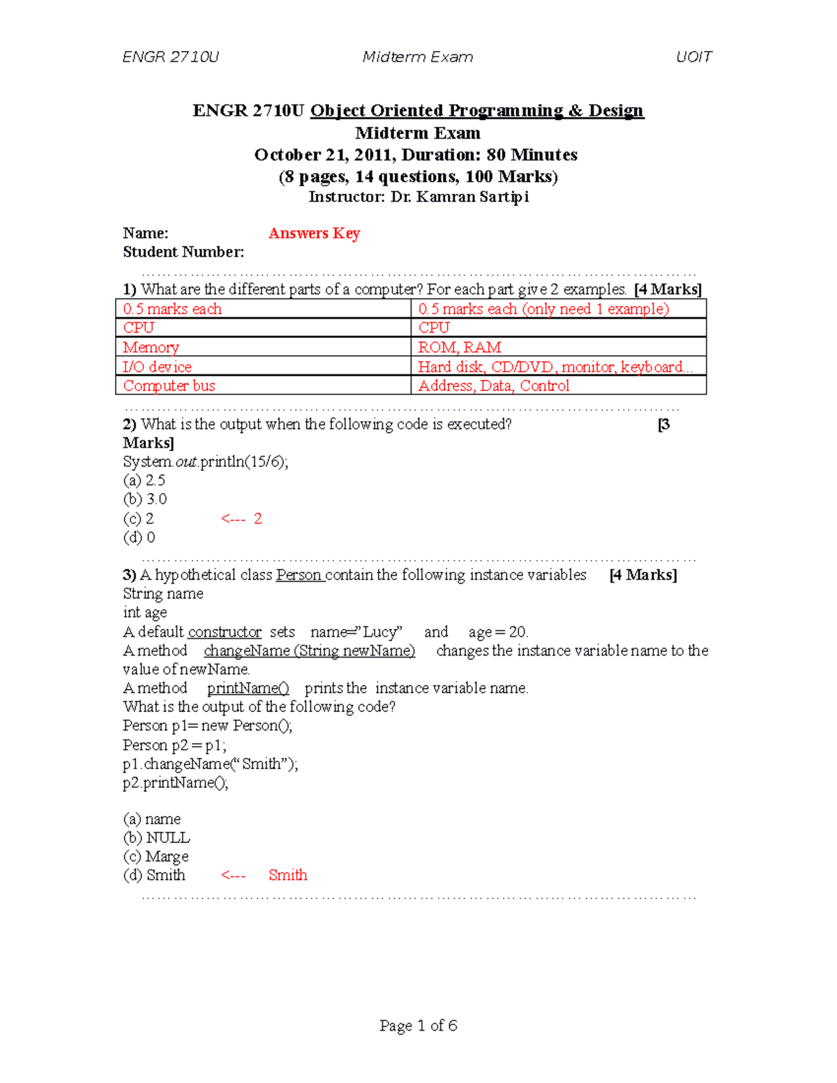 Exam 21 October 2011, questions and answers - Midterm - ENGR 2710U Midterm Exam UOIT ENGR 2710U ...