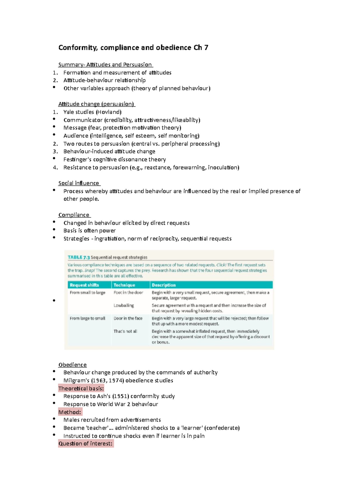 WEEK 5 lecture notes - Conformity, compliance and obedience Ch 7 ...