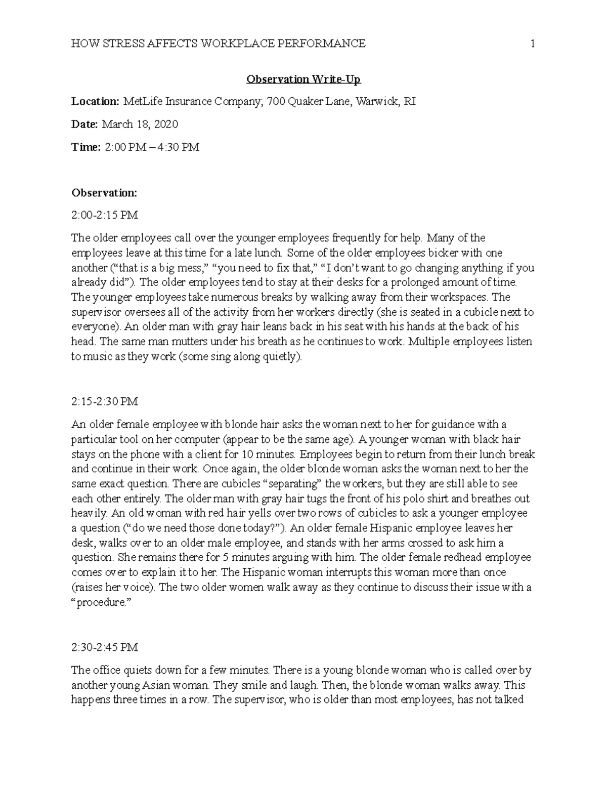 PSYC Social - Observation Notes - Observation Write-Up Location ...