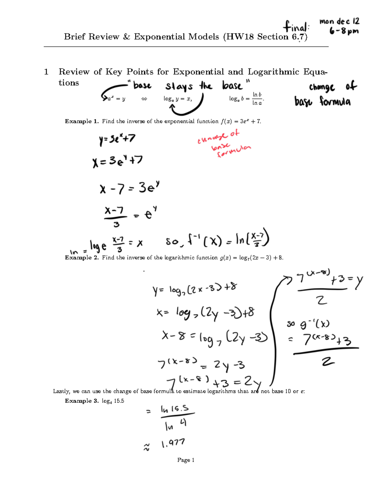 Section 6.7 Notes - Brief Review & Exponential Models (HW18 Section 6 ...