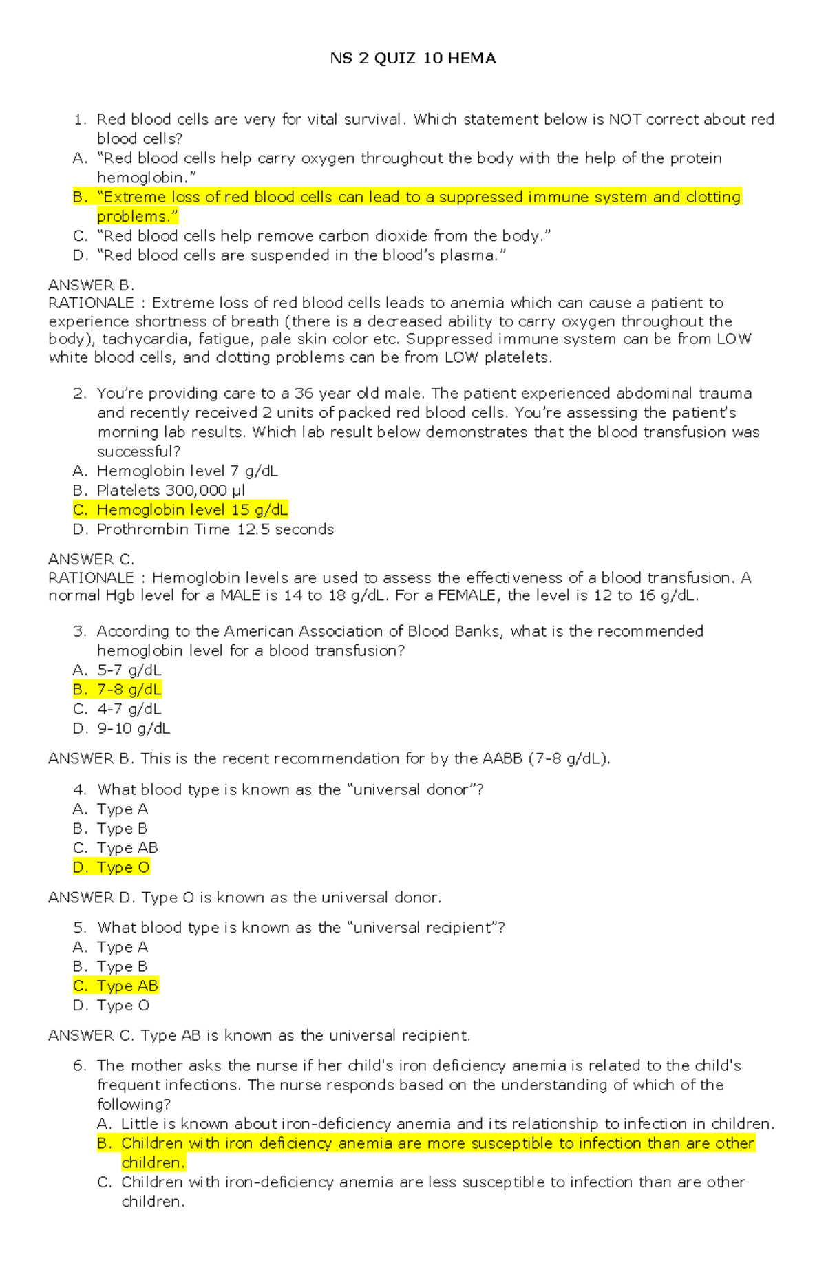 NS-2-QUIZ-10-HEMA - Practice Questions about Hematology diseases - NS 2 ...