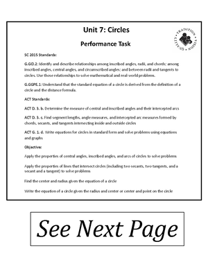 Circles performance task - Unit 7: Circles Performance Task SC 2015 ...