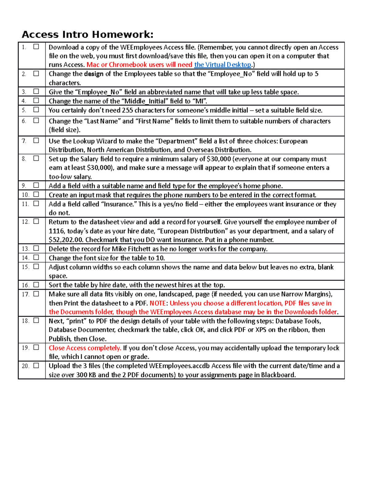 Access Intro Homework SRL - Access Intro Homework: 1. ☐ Download a copy ...