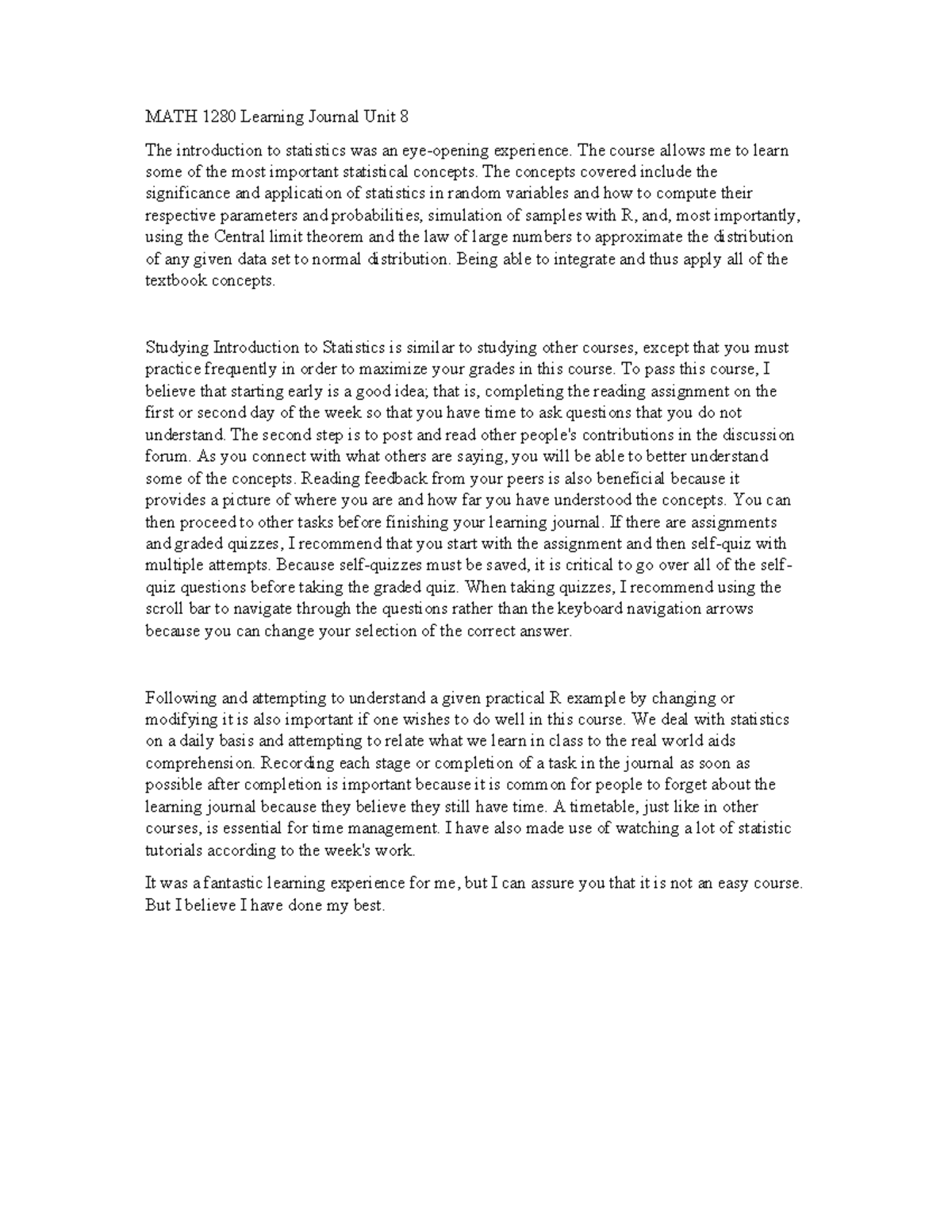 MATH 1280 Learning Journal Unit 8 - MATH 1280 Learning Journal Unit 8 The introduction to - Studocu