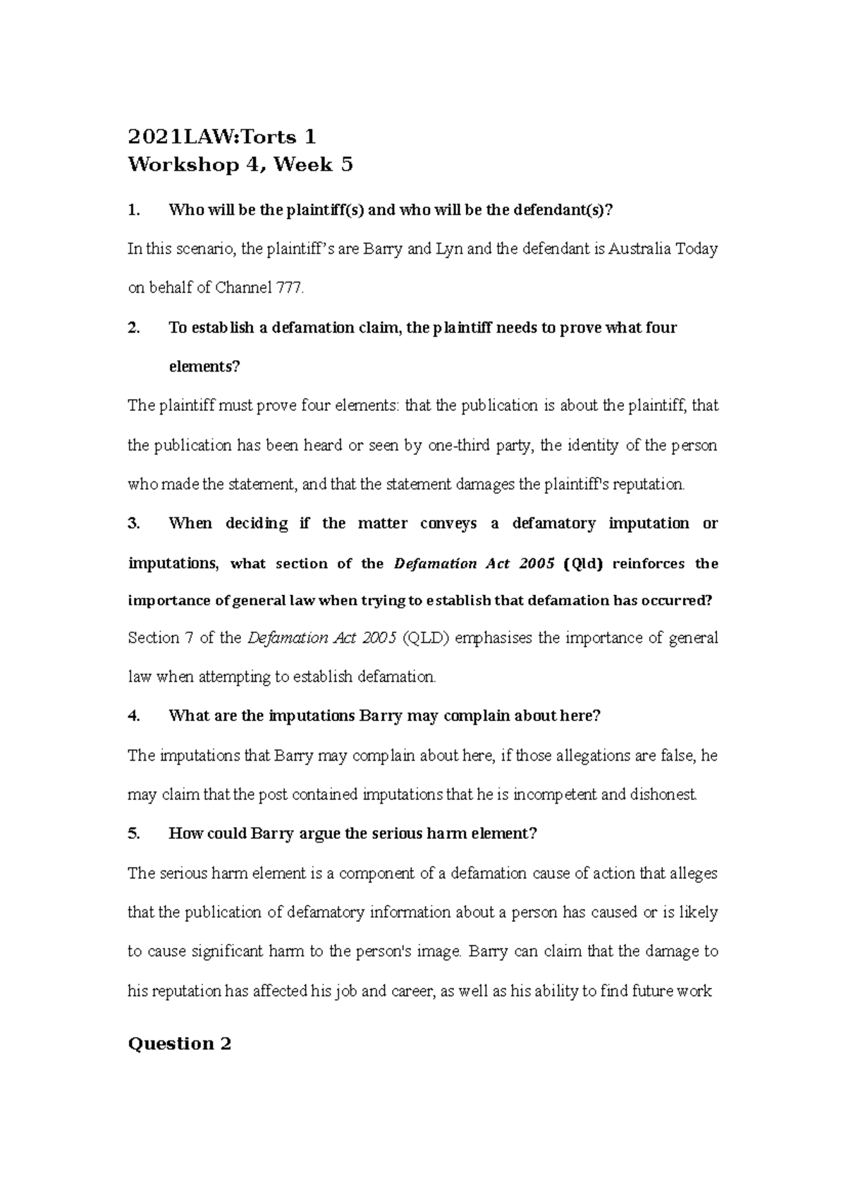 Week 5 Workshop 4 Torts 1 2021LAW - 2021LAW:Torts 1 Workshop 4, Week 5 Who will be the plaintiff ...