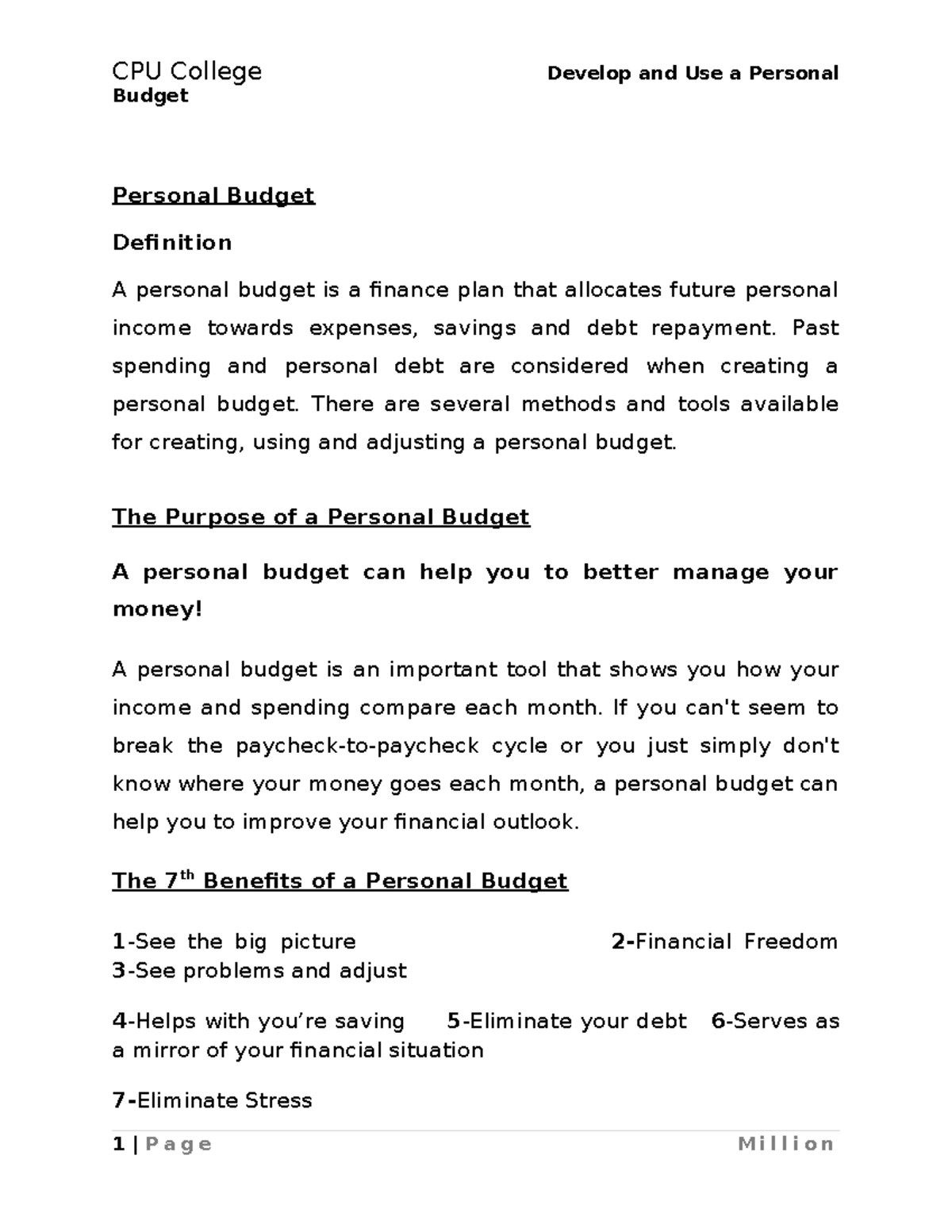 Budget Note - Accounting - CPU College Develop and Use a Personal ...