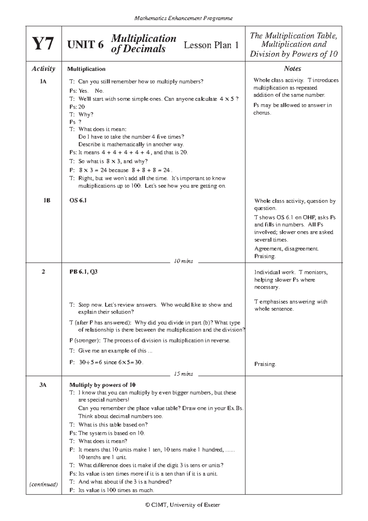 Unit 6 Arithmetic Multiplication of decimals lesson plan with notes ...