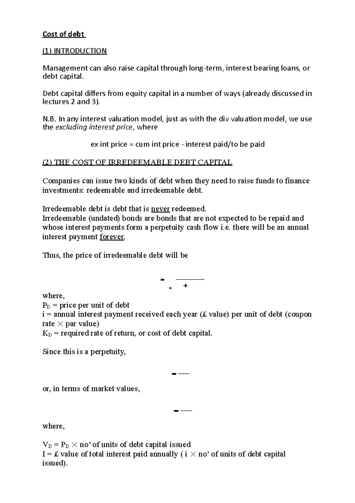 Cost of Debt Capital - lecture notes - Cost of debt (1) INTRODUCTION ...