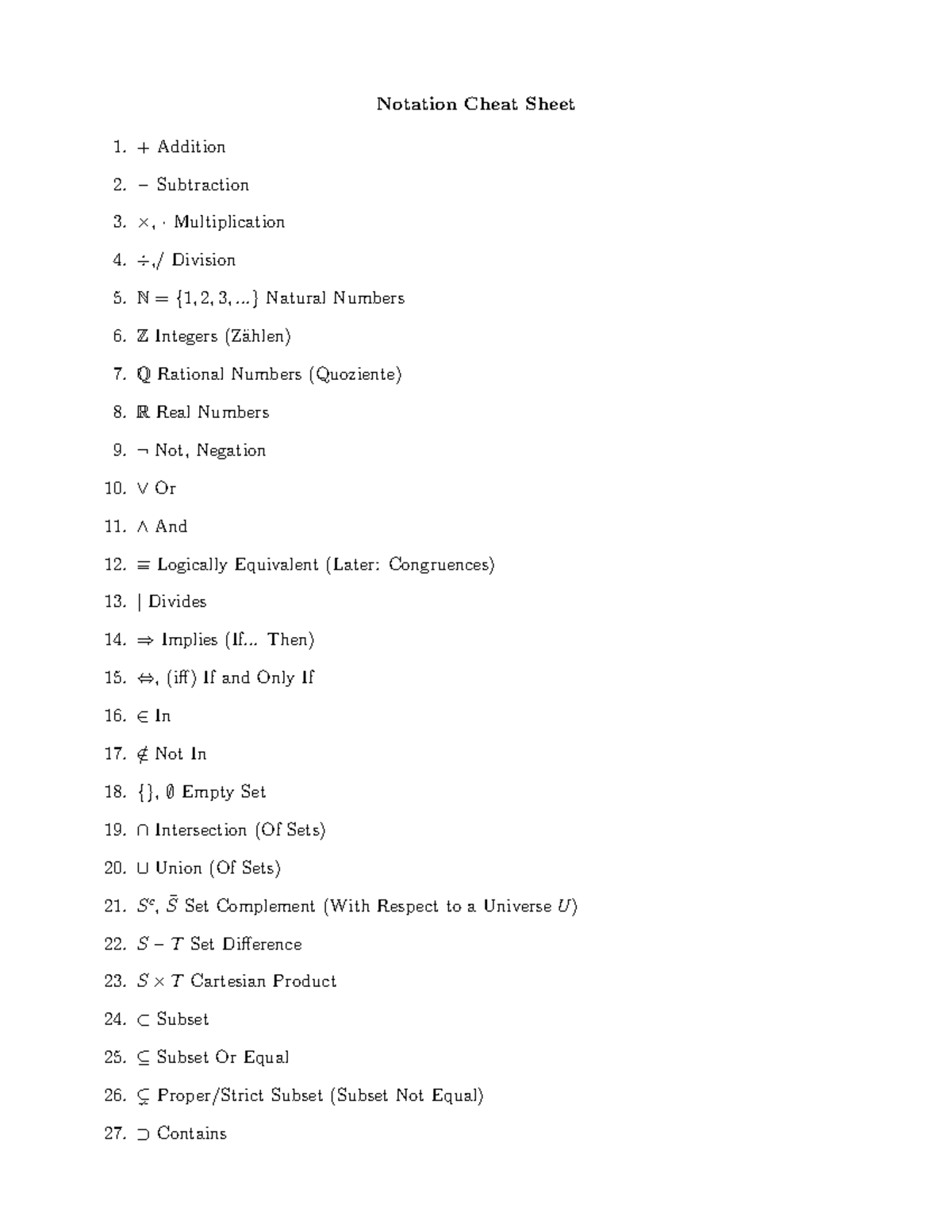 Week12Symbol Cheat Sheet - Notation Cheat Sheet Addition − Subtraction ...