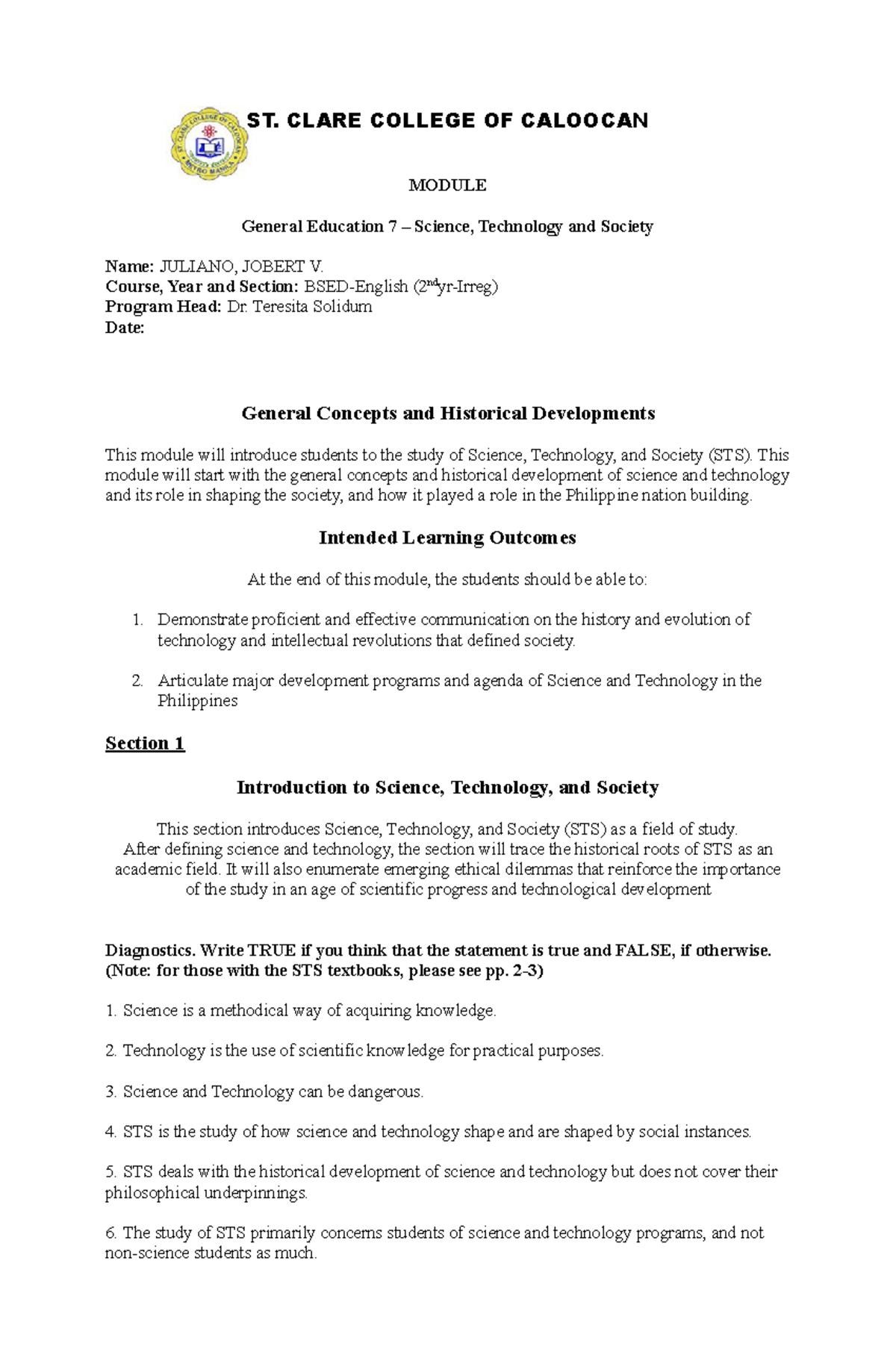 (GE7 - Add Subject) Module Presented by, Mr. Jobert Juliano - ST. CLARE ...