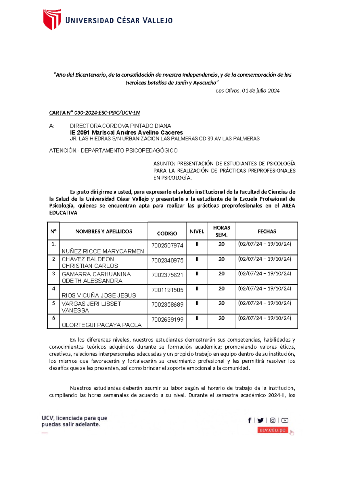 Carta Nº029 IE 2091 Mariscal Andres Avelino Caceres - “Año del ...