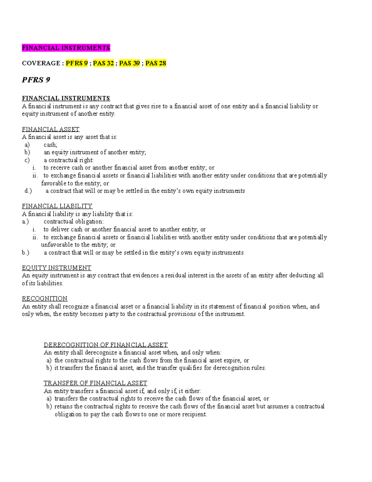 PFRS 9 ; PAS 32 ; PAS 39 ; PAS 28 (CFAS Notes) - FINANCIAL INSTRUMENTS ...