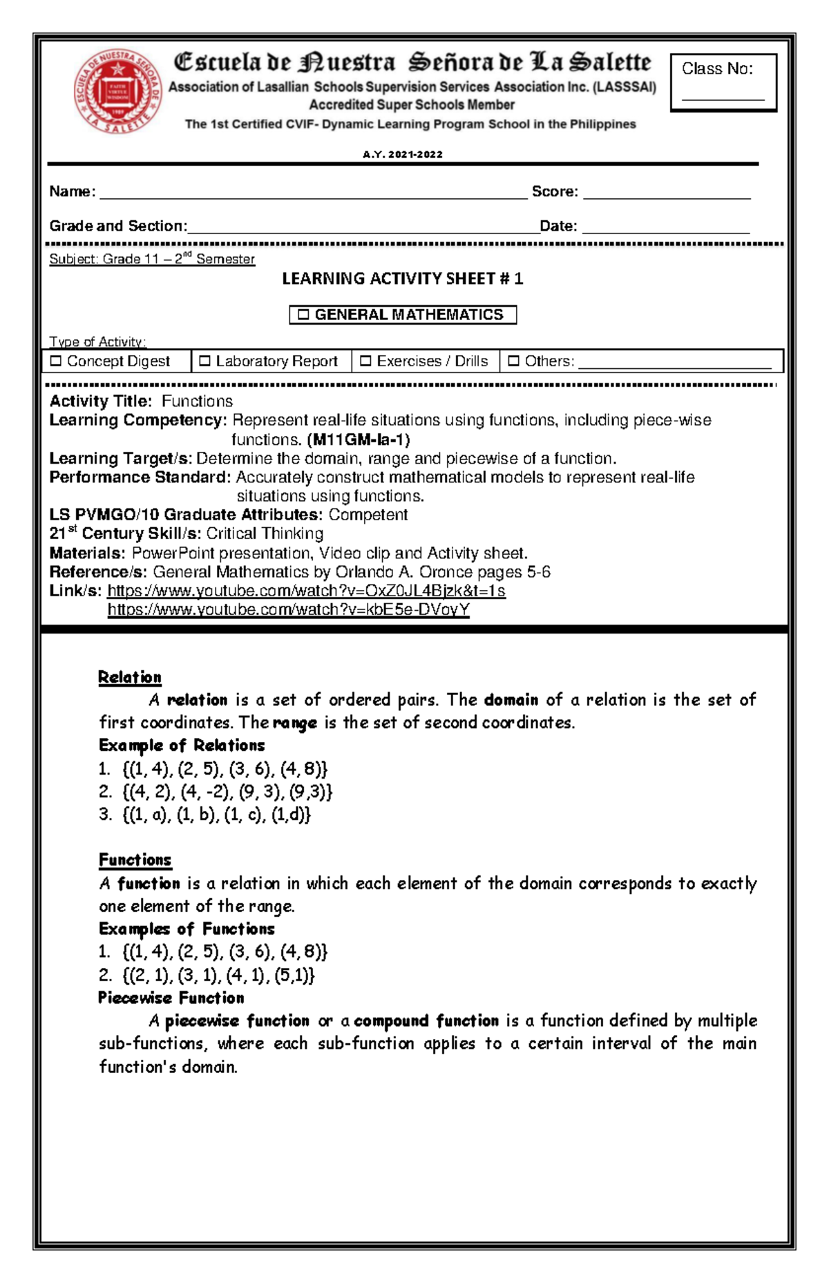 Gen Math LAS #1 - GENMATH - A. 2021- Name