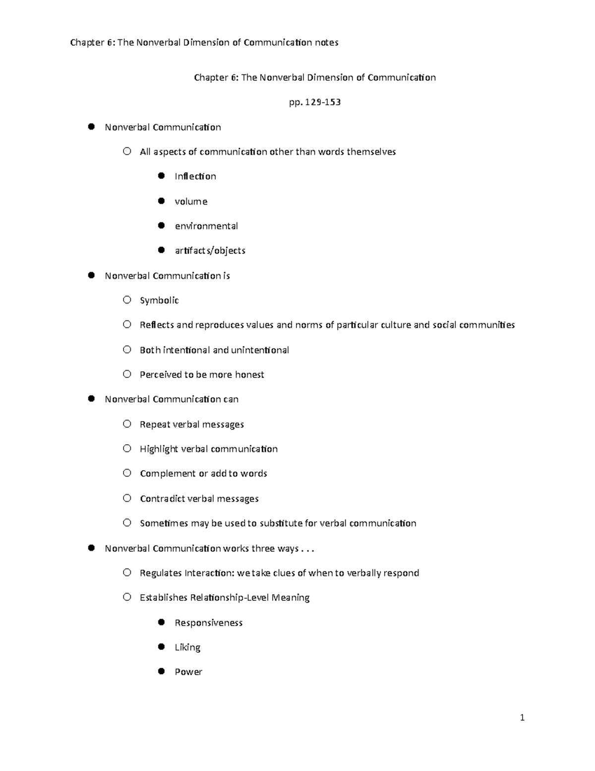 Chapter 6 notes - Chapter 6: The Nonverbal Dimension of Communication ...
