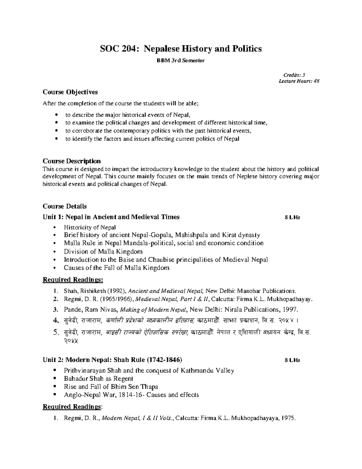 BBM 3rd Semester Syllabus 2023 Politics - SOC 204: Nepalese History and ...