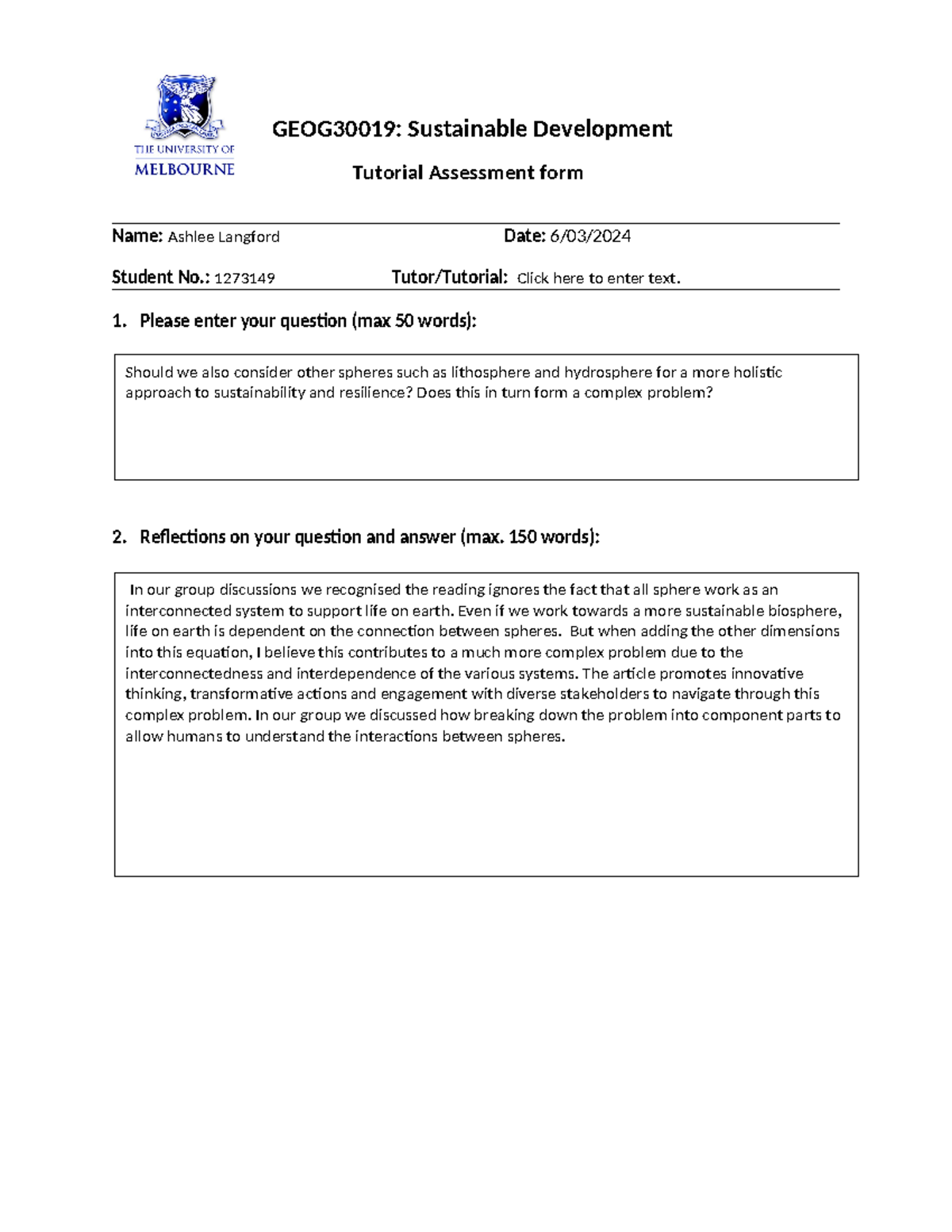 Tute 3 Sus Dev - Summary Techniques in Molecular Science - Should we ...