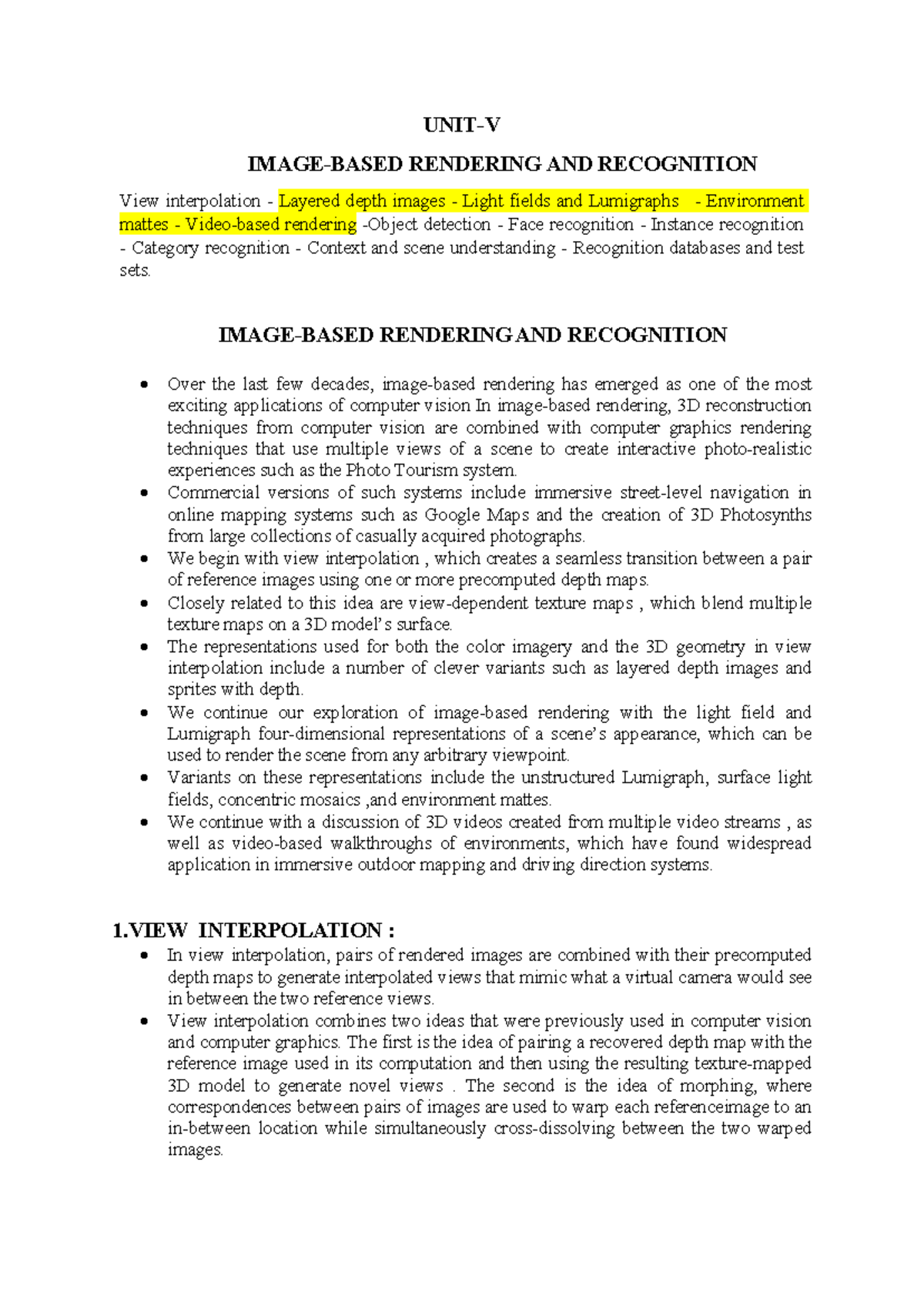 CV UNIT 5 - UNIT-V IMAGE-BASED RENDERING AND RECOGNITION View interpolation - Layered depth ...