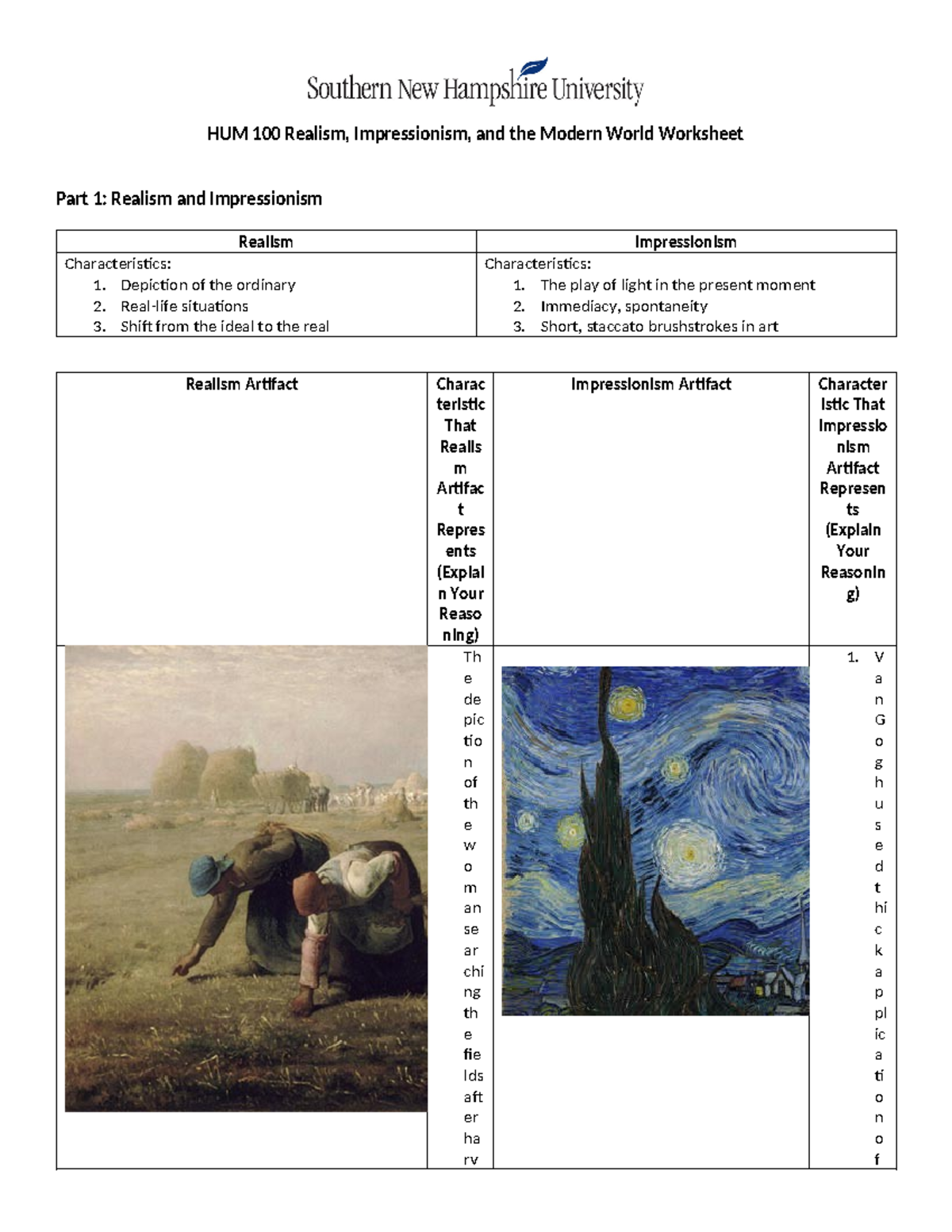 HUM 100 Realism Impressionism and the Modern World Worksheet - V a n G ...