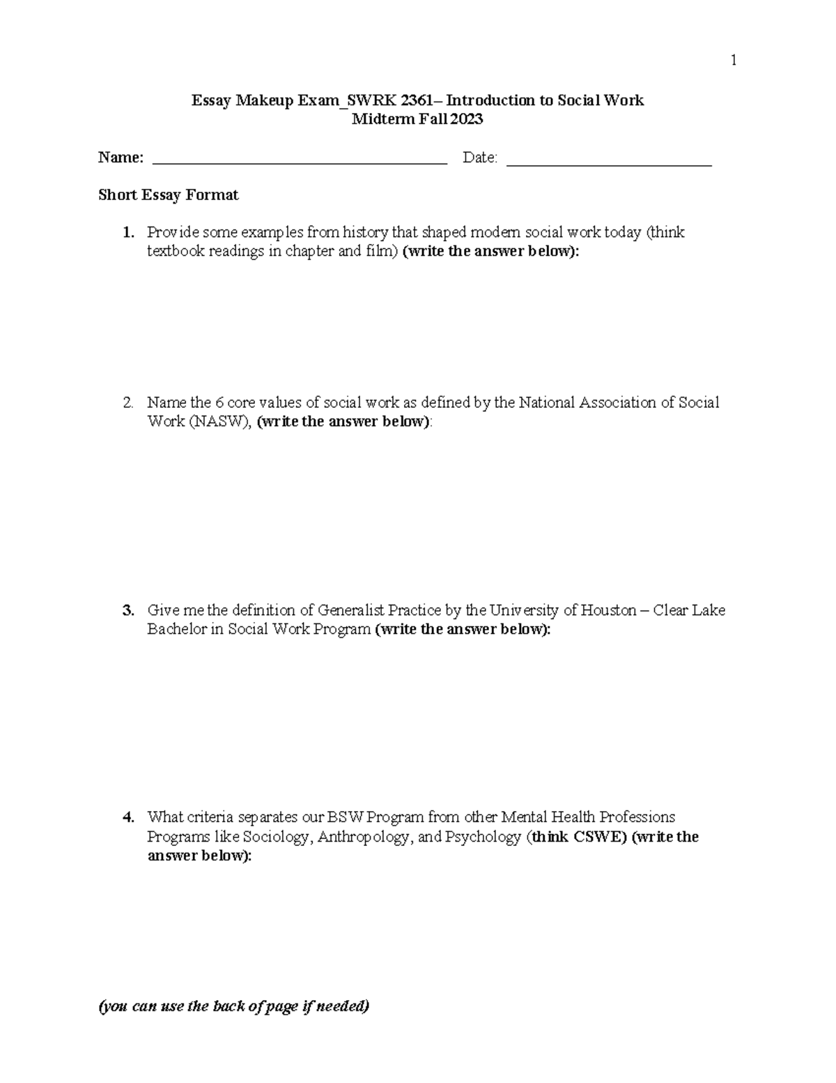 Essay Makeup Midterm EXAM SWRK 2361 FALL 2023 - Essay Makeup Exam_SWRK ...