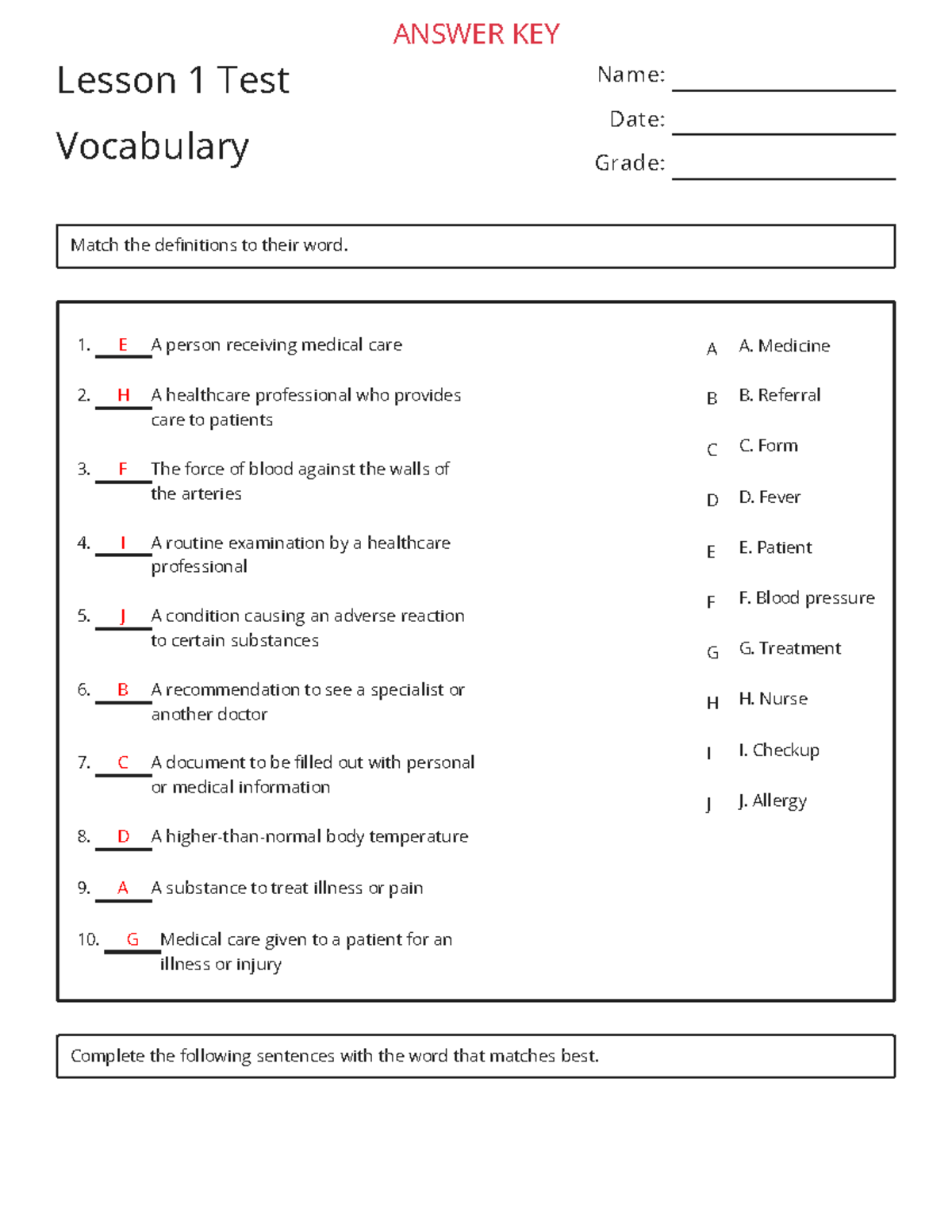Lesson-1-testvocabulary - ANSWER KEY Lesson 1 Test Vocabulary Name ...