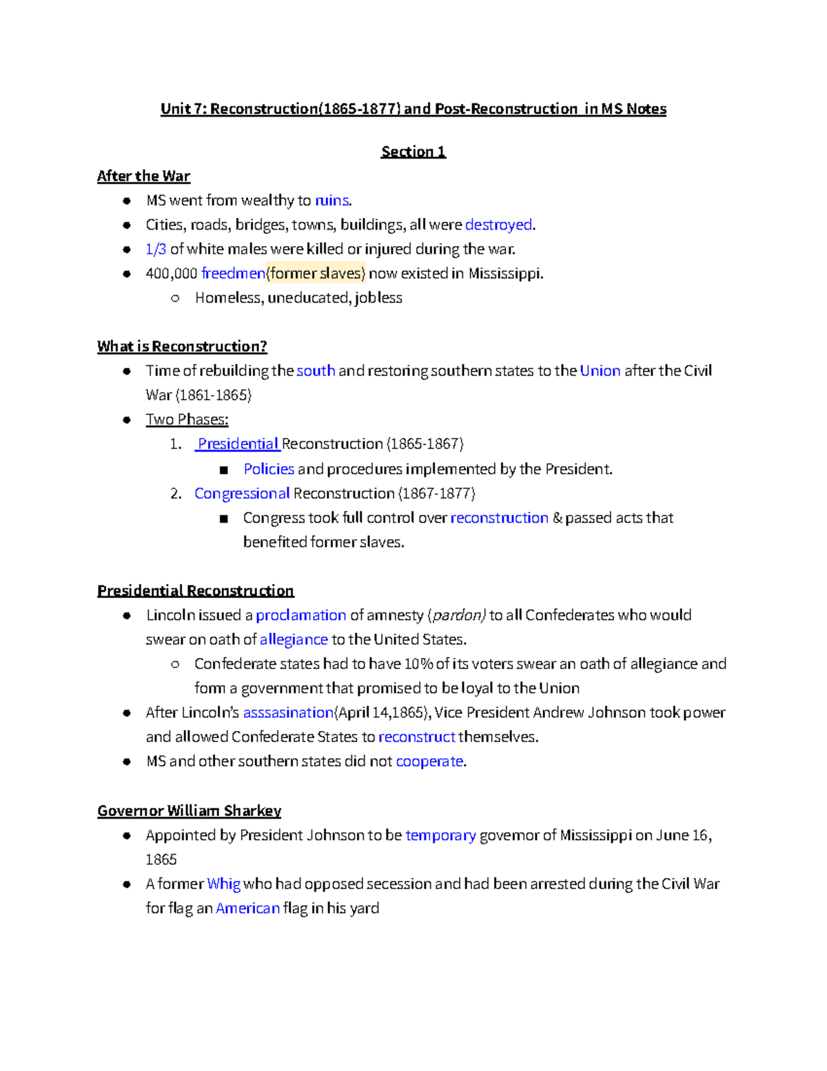 Copy of Unit 7 Student Notes - Unit 7: Reconstruction(1865-1877) and ...
