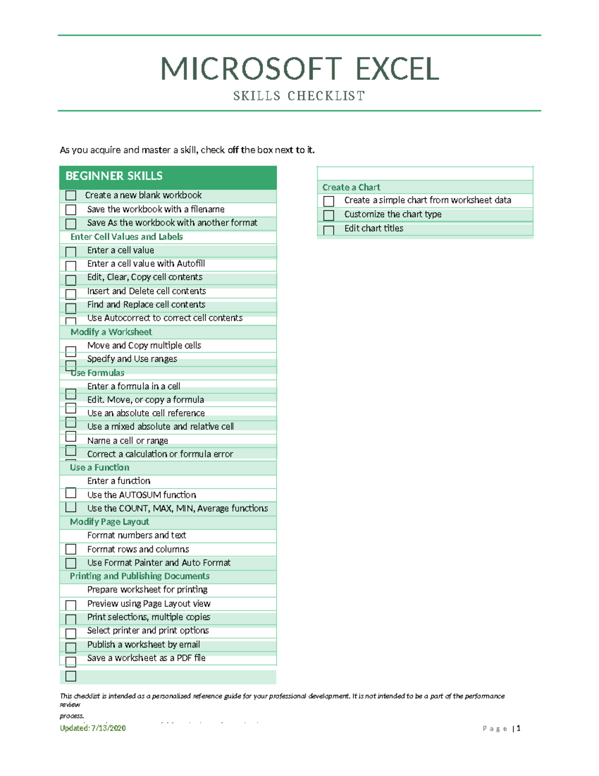 3 Excel Skills Checklist - Create a Chart Create a simple chart from ...