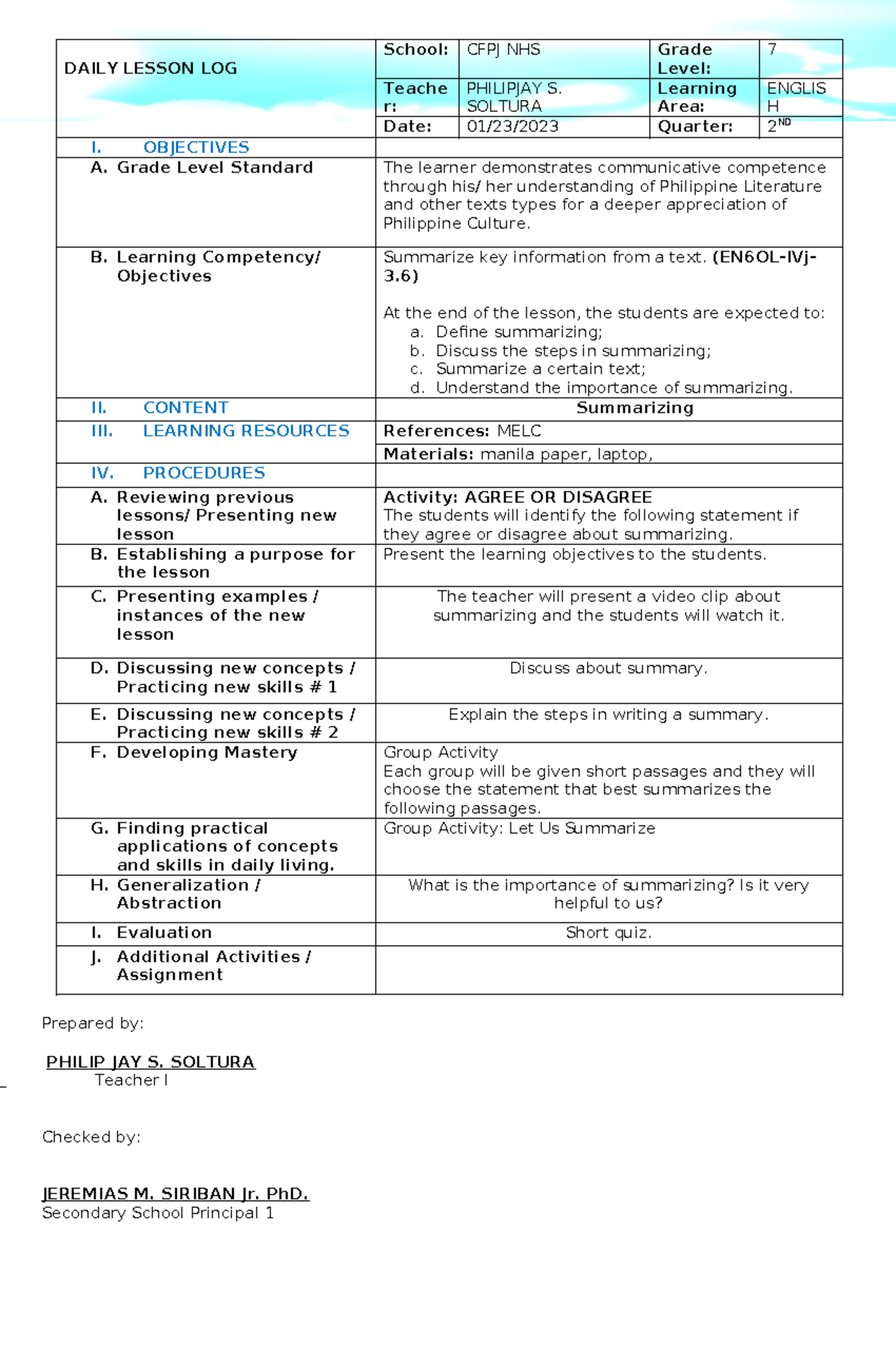 DLP January 22, 2023 - lesson plan - DAILY LESSON LOG School: CFPJ NHS ...