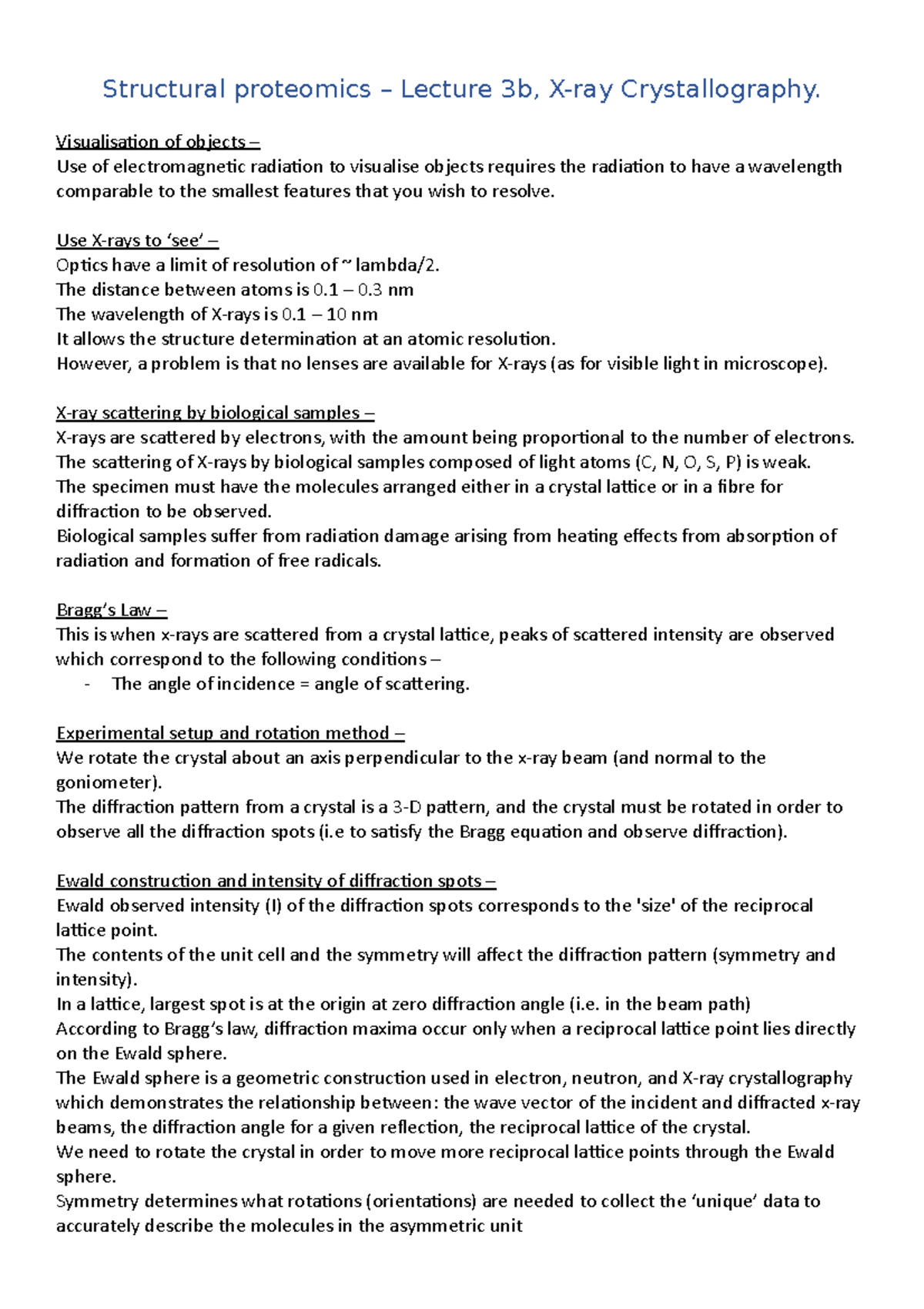 Structural Proteomics Lecture 3b - Structural proteomics – Lecture 3b, X-ray Crystallography ...
