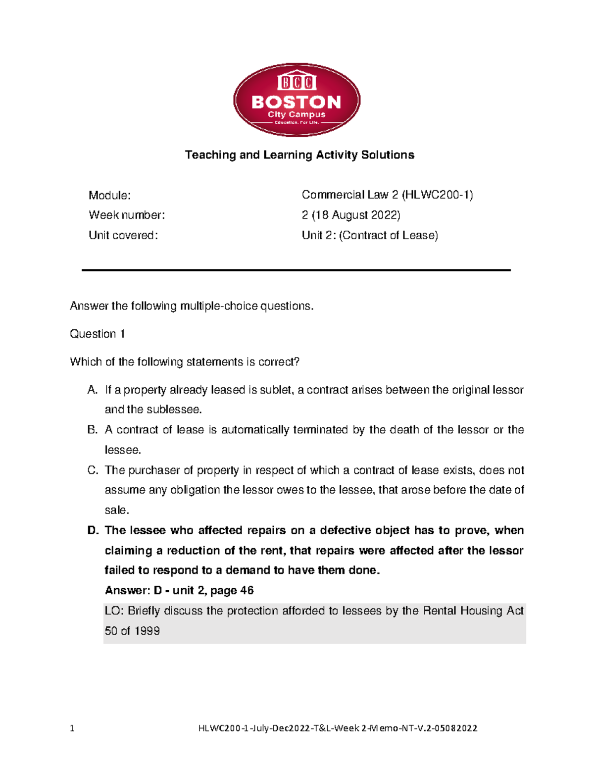 HLWC200 1 July Dec2022 W2 Memo 05082022 - Module: Commercial Law 2 ...