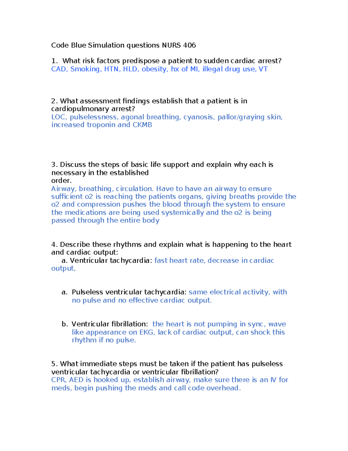 Code Blue Simulation questions NURS 406 - Airway, breathing ...