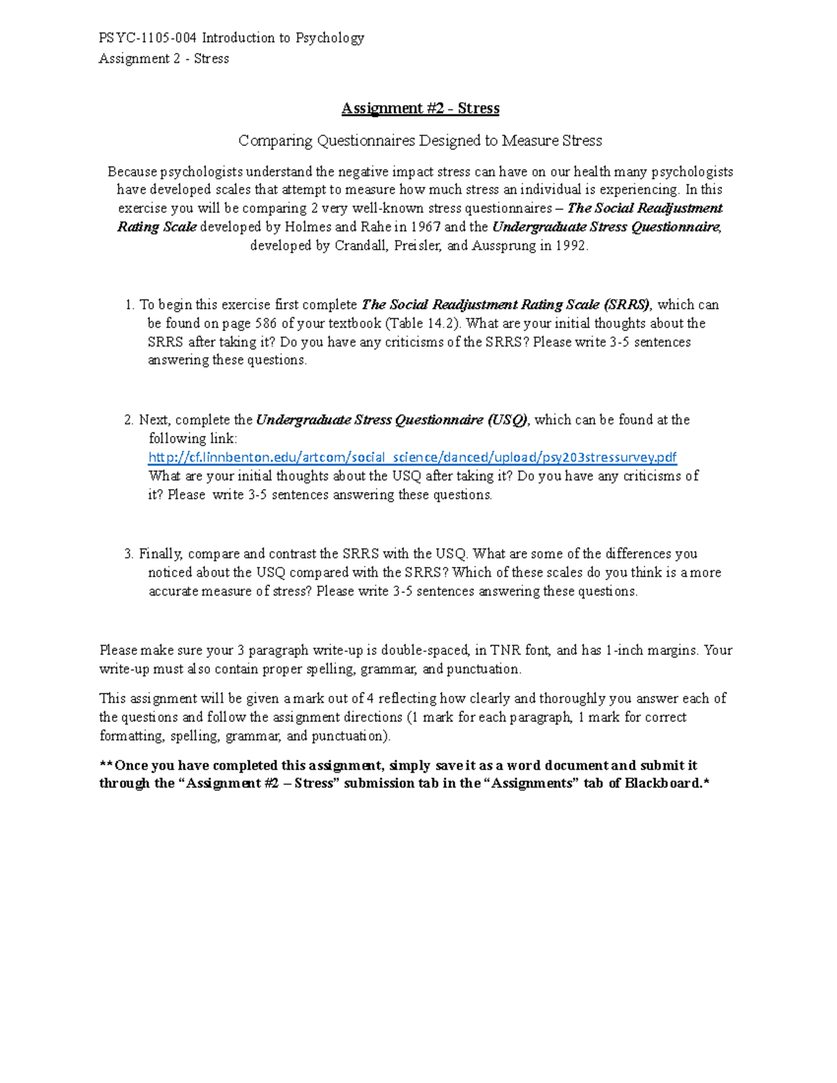 A#2 - Stress - PSYC-1105-004 Introduction to Psychology Assignment 2 - Stress Assignment #2 ...